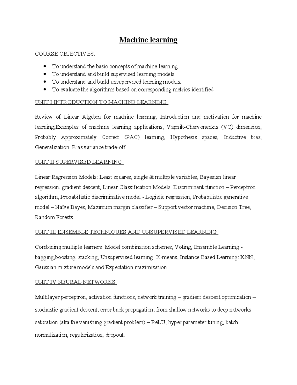 Machine learning - glimpse of the syllabus - Machine learning COURSE ...