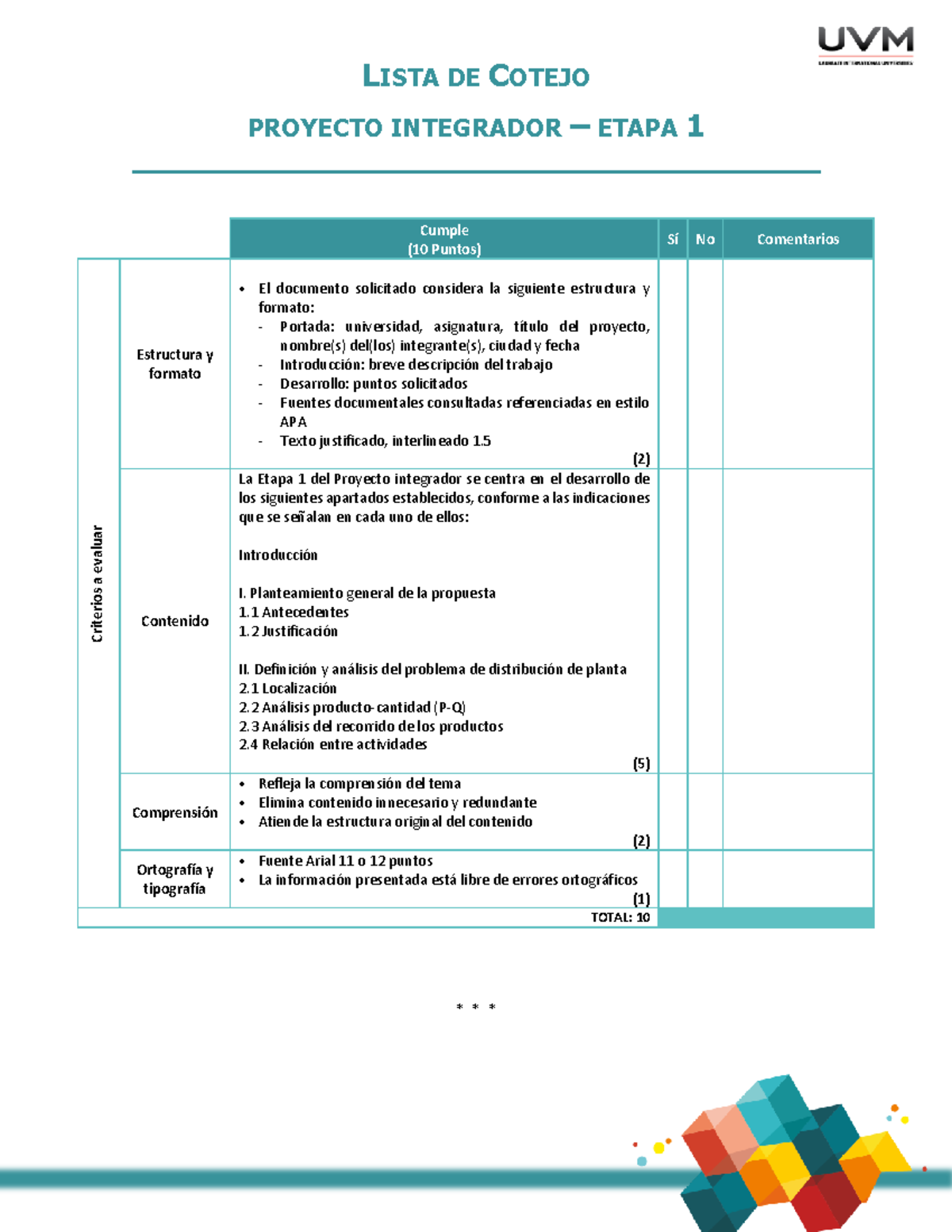 LC Proyecto E 1 - LISTA DE COTEJO PROYECTO INTEGRADOR – ETAPA 1 Cumple ...
