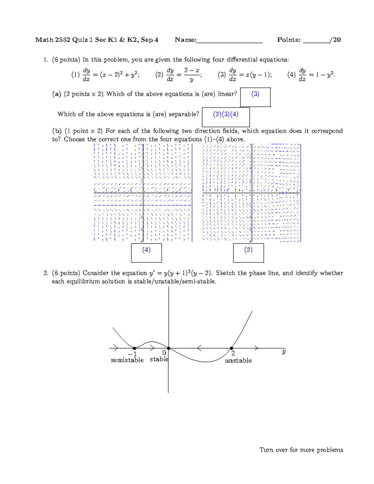 Quiz1 K12 solution - Math 2552 Quiz 1 Sec K1 & K2, Sep 4 Name: Points ...