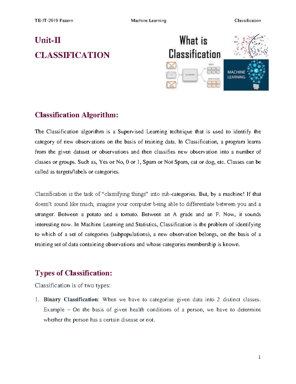 Notes ML Unit-2 Classification - Unit-II CLASSIFICATION Classification ...