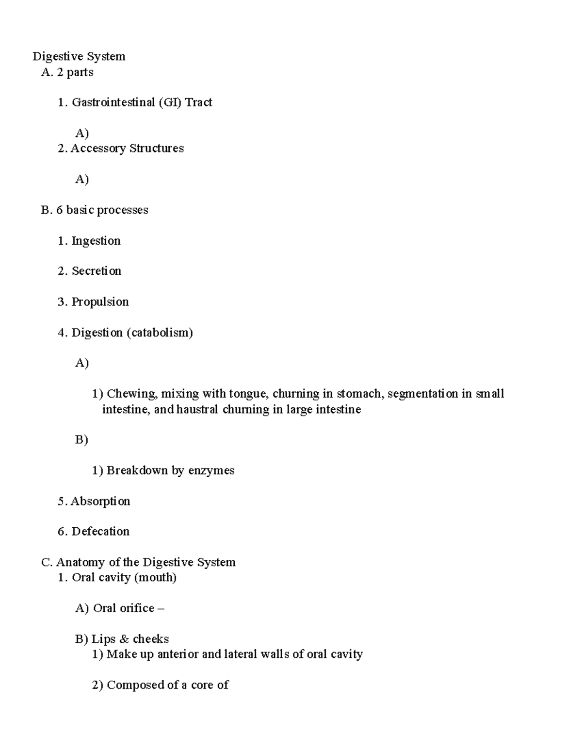 Digestive System Outline - Digestive System A. 2 parts 1 ...