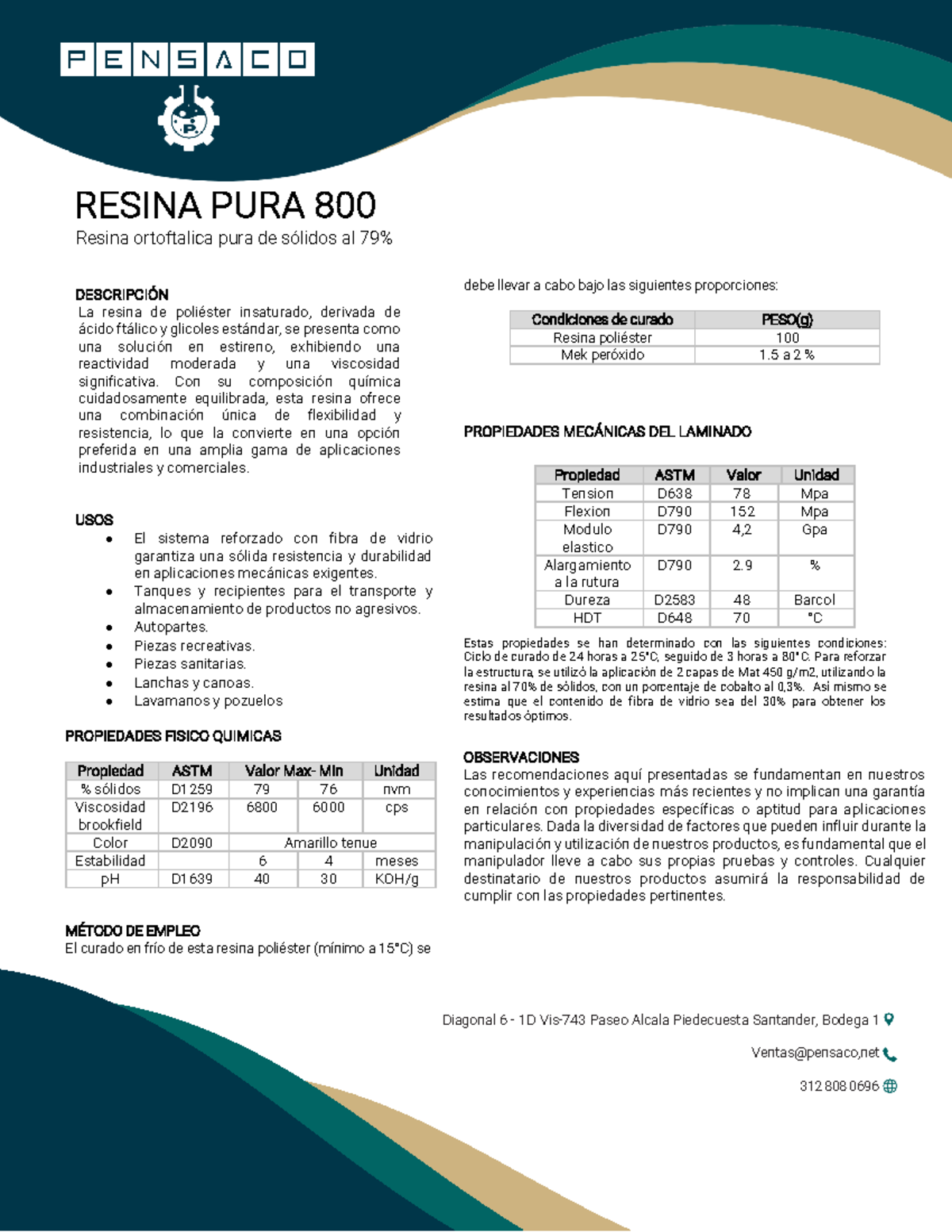 Ficha técnica Resina 800 Pensaco - Diagonal 6 - 1D Vis- 743 Paseo ...