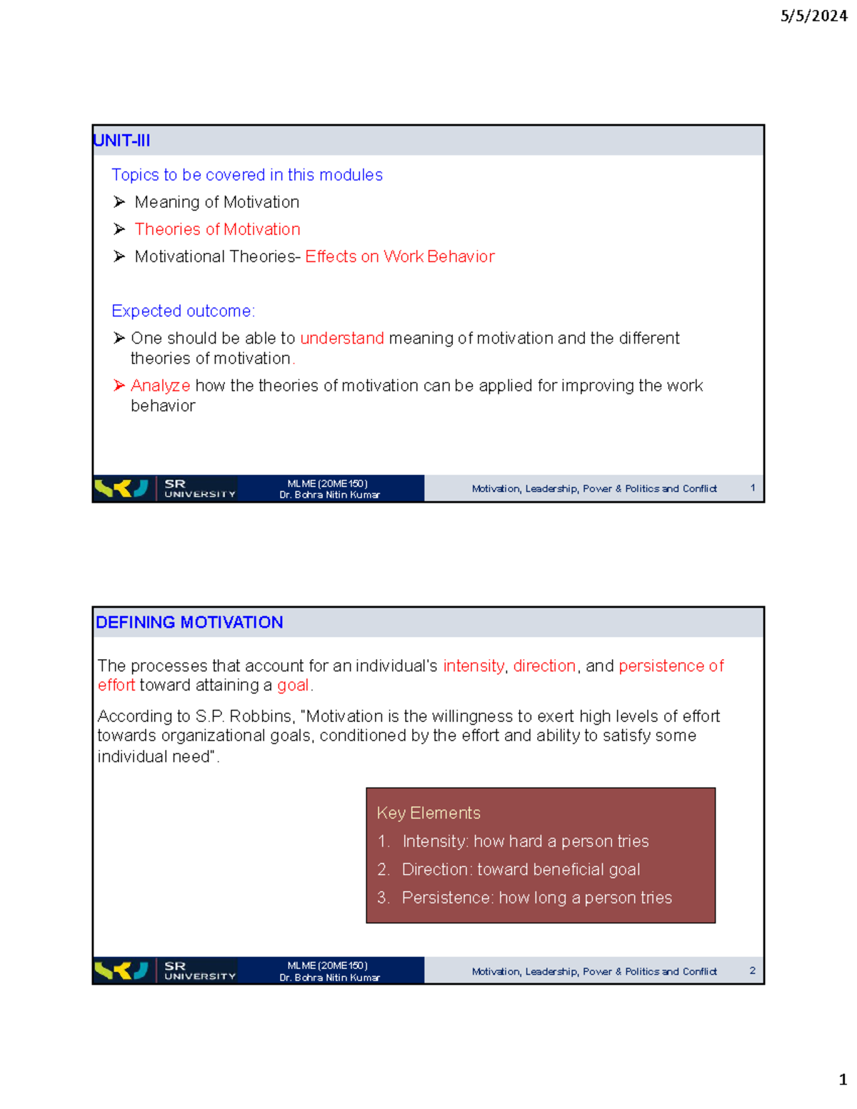 Unit-III - MOTIVATION - UNIT-III ####### MLME (20ME150) ####### Dr ...