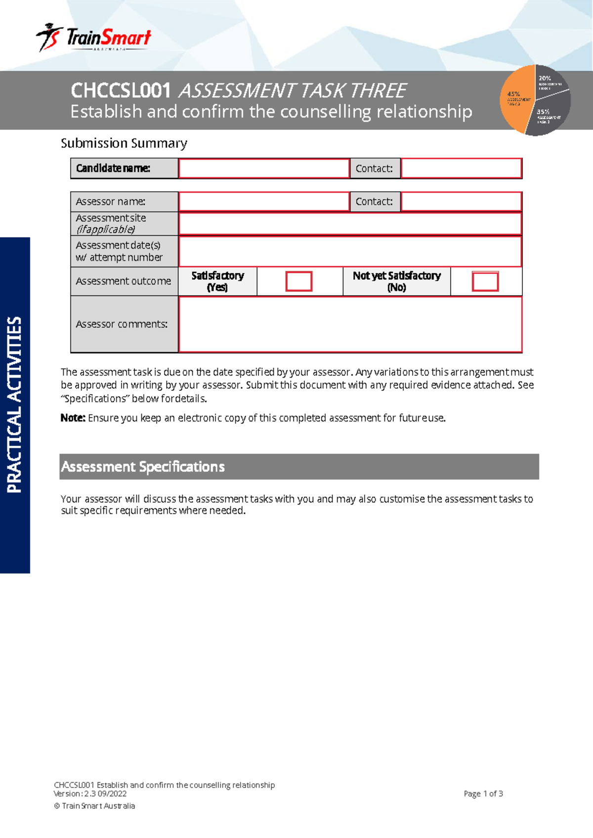 Chccsl 001 Assessment Three 2020 v2 - CHCCSL001 Establish and confirm ...