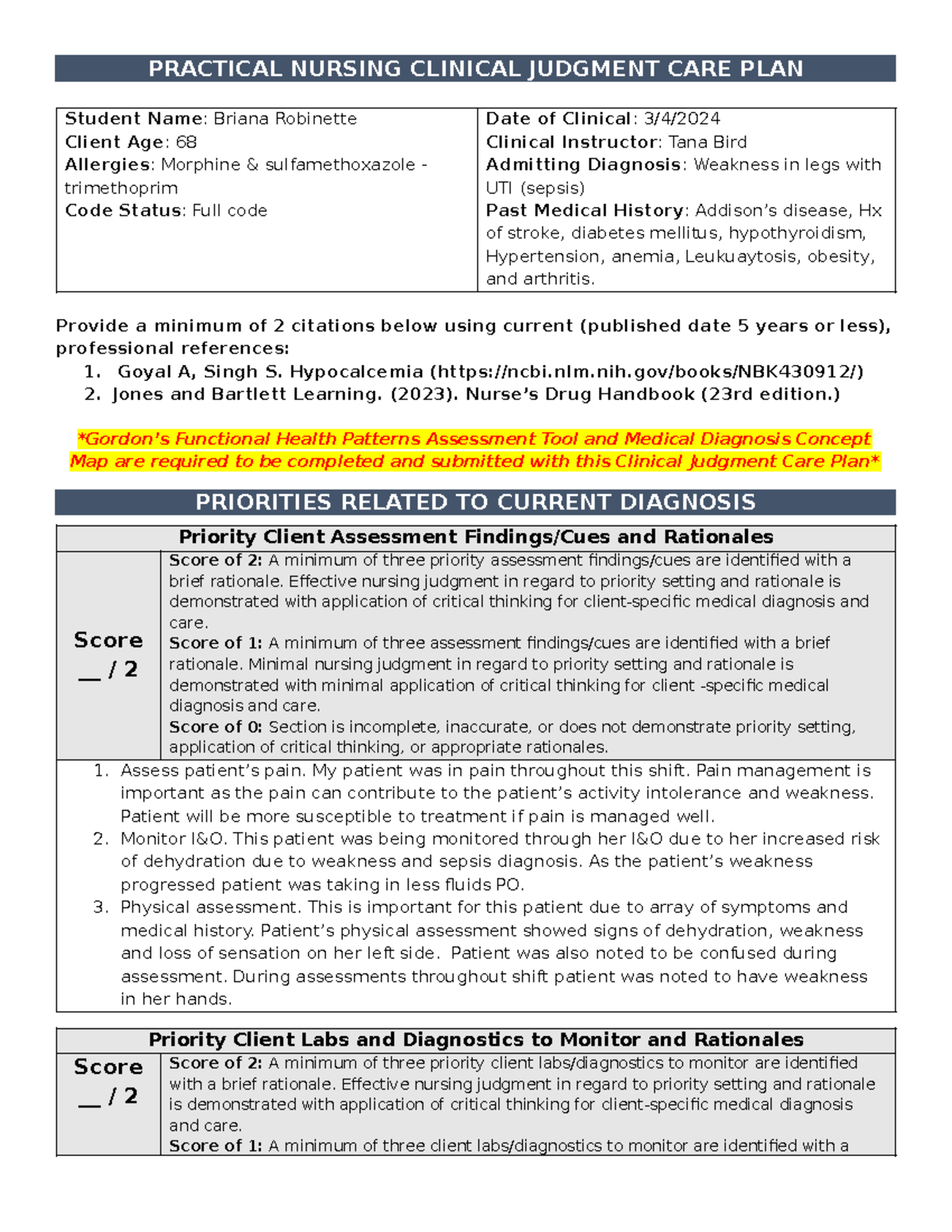 Care plan 3-4 - Work - PRACTICAL NURSING CLINICAL JUDGMENT CARE PLAN ...