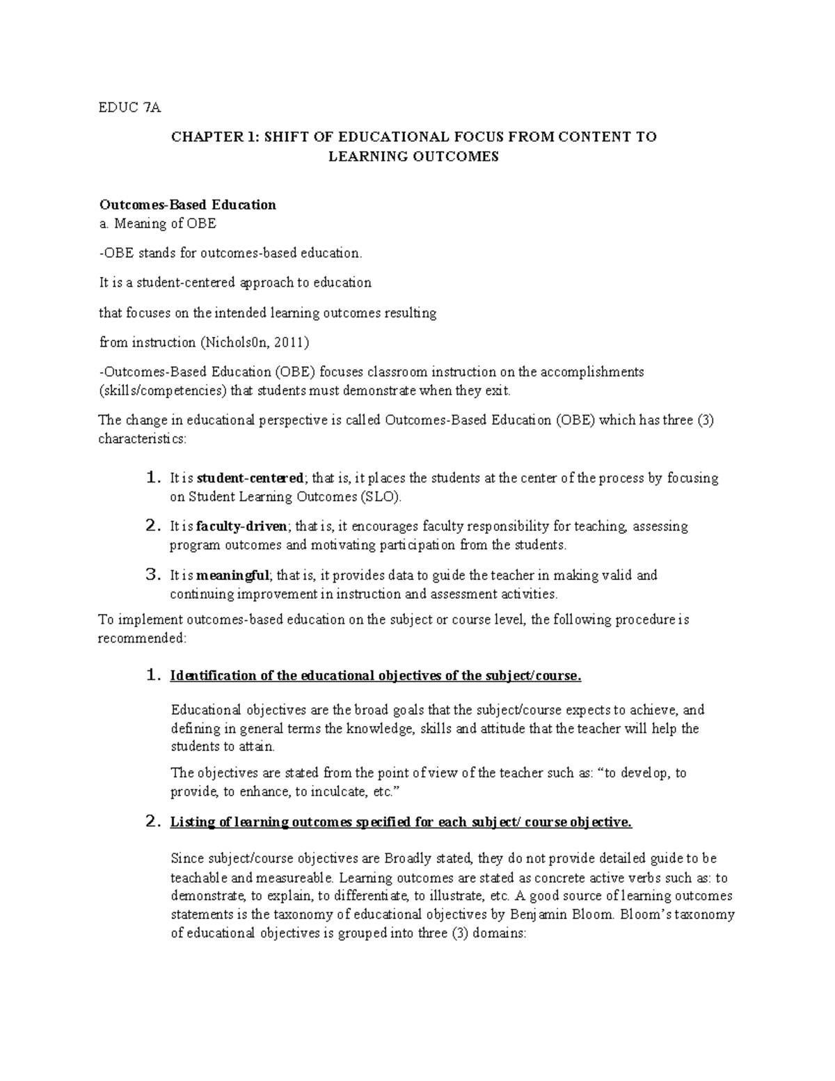 EDUC 7A Summary - hhhhh - EDUC 7A CHAPTER 1: SHIFT OF EDUCATIONAL FOCUS ...