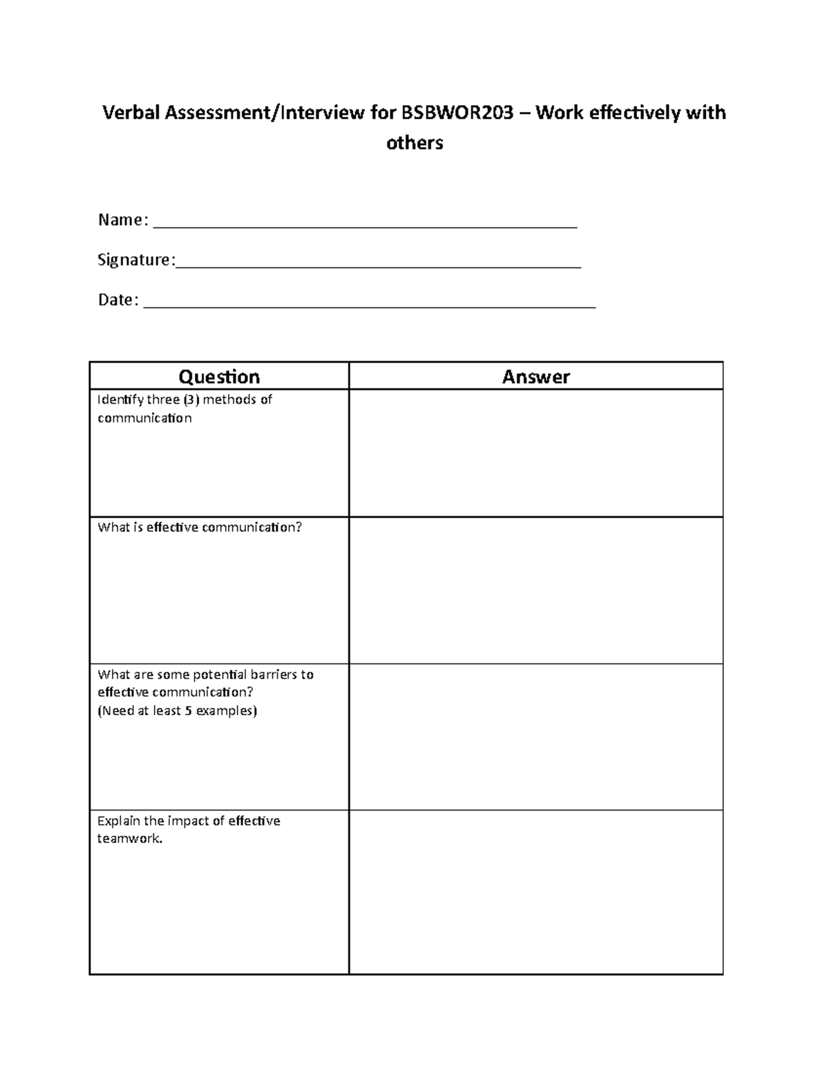Verbal Assessment for Bsbwor 203 - Verbal Assessment/Interview for ...