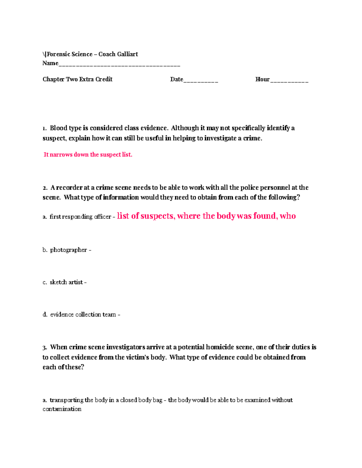 Copy of Chapter Two Extra Credit - ]Forensic Science – Coach Galliart ...