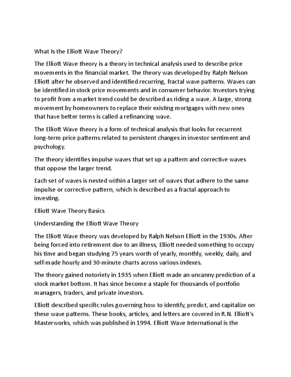 Elliott wave theory - The theory was developed by Ralph Nelson Elliott ...