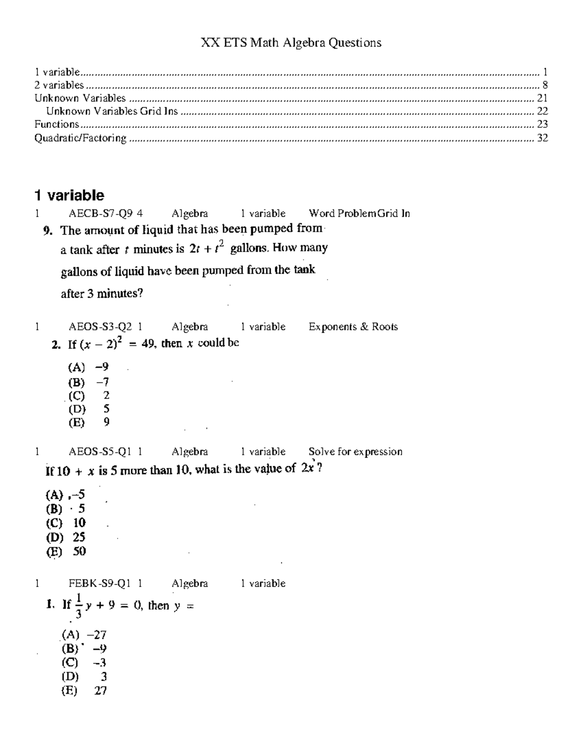 Algebra Questions 1 - for studies - XX ETS Math Algebra Questions 1 ...