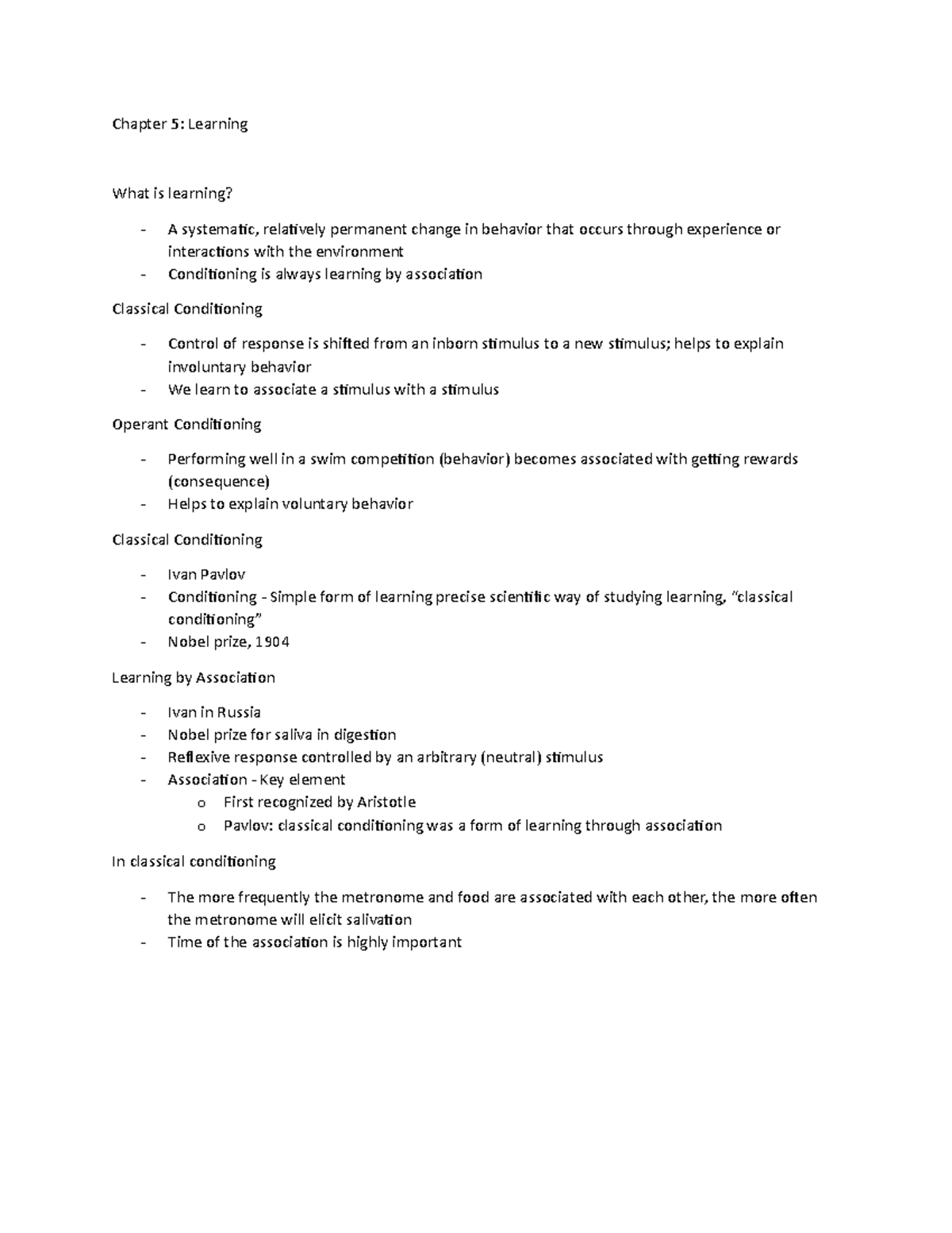 Chapter 5 Psychology Notes - Chapter 5: Learning What is learning? A ...