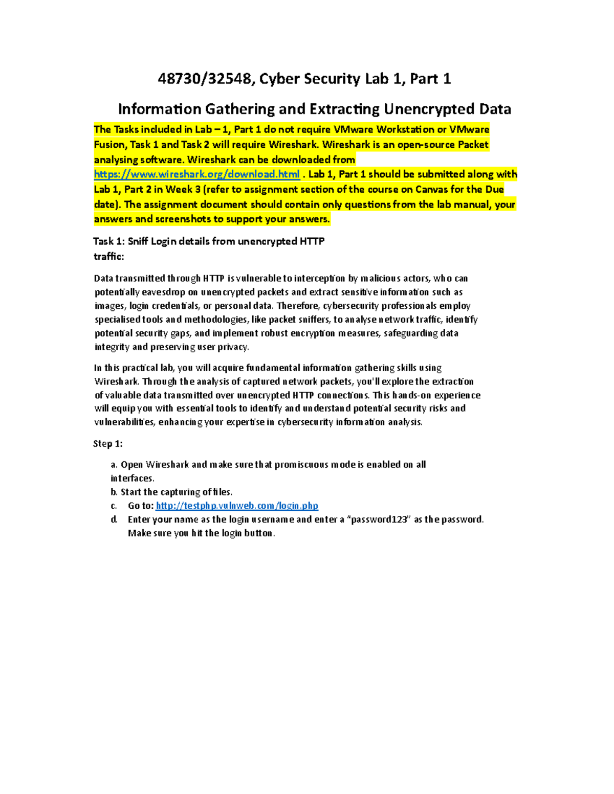 Cybersec-Week 1- Lab 1, Part 1- Handout - 48730/32548, Cyber Security Lab 1, Part 1 InformaƟon ...