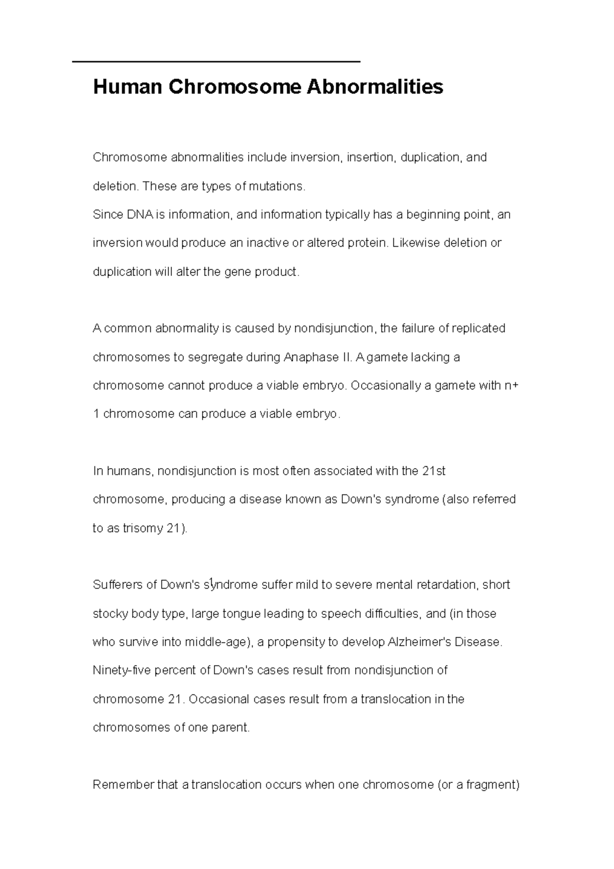 Human Chromosome Abnormalities - Human Chromosome Abnormalities ...