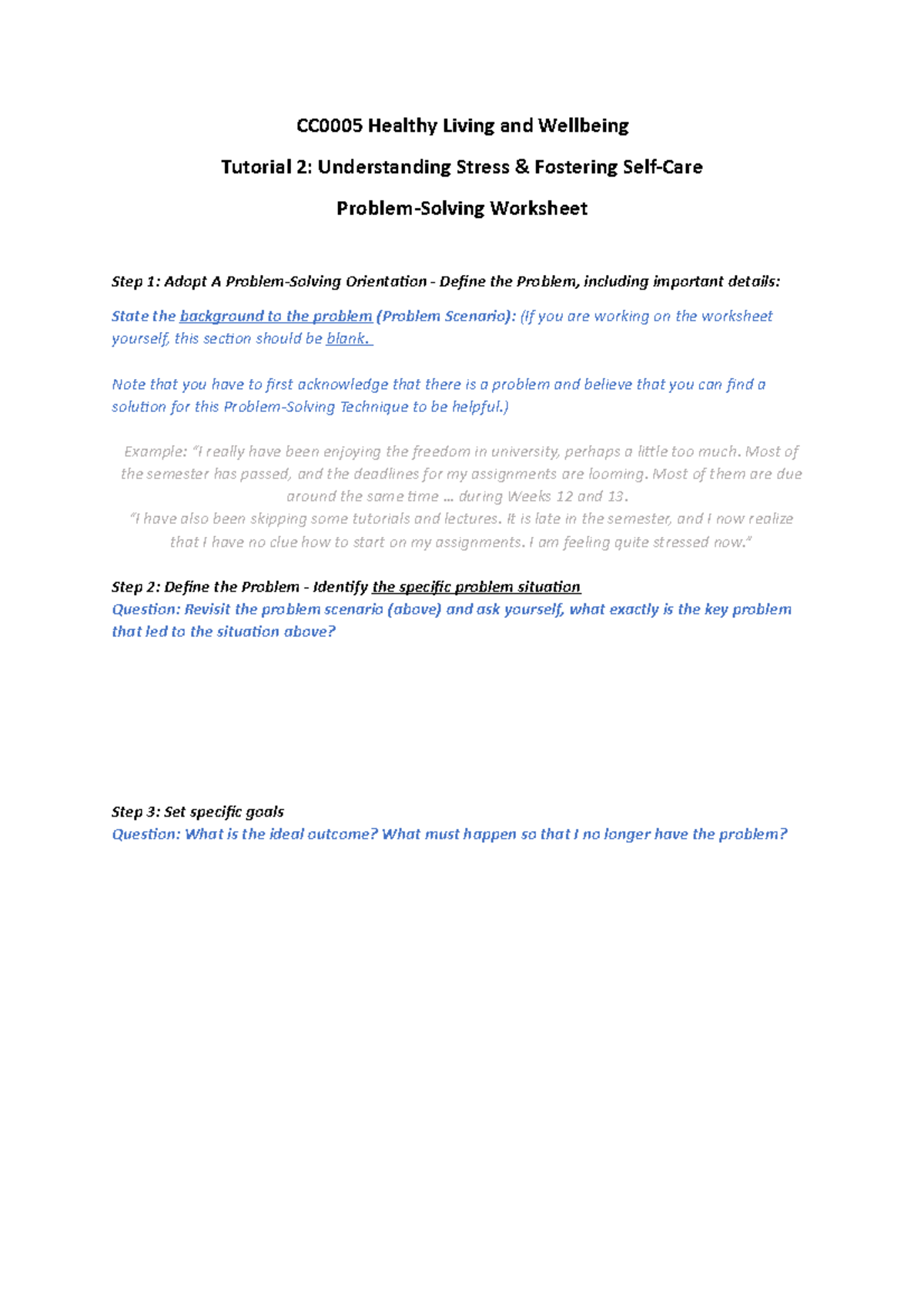 CC0005 Tutorial 2(8) Stress - Problem Solving Worksheet (Student) Final ...