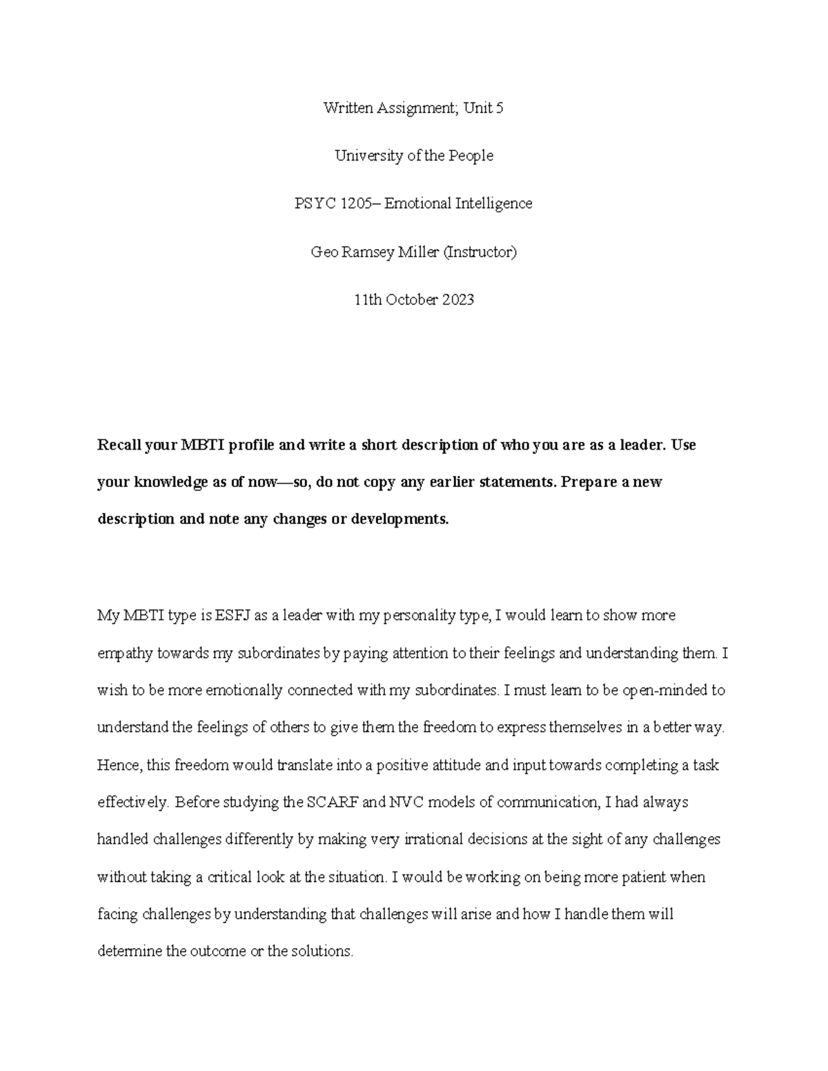 Psyc 1205 unit 5 written assignment - Written Assignment; Unit 5 University of the People PSYC ...