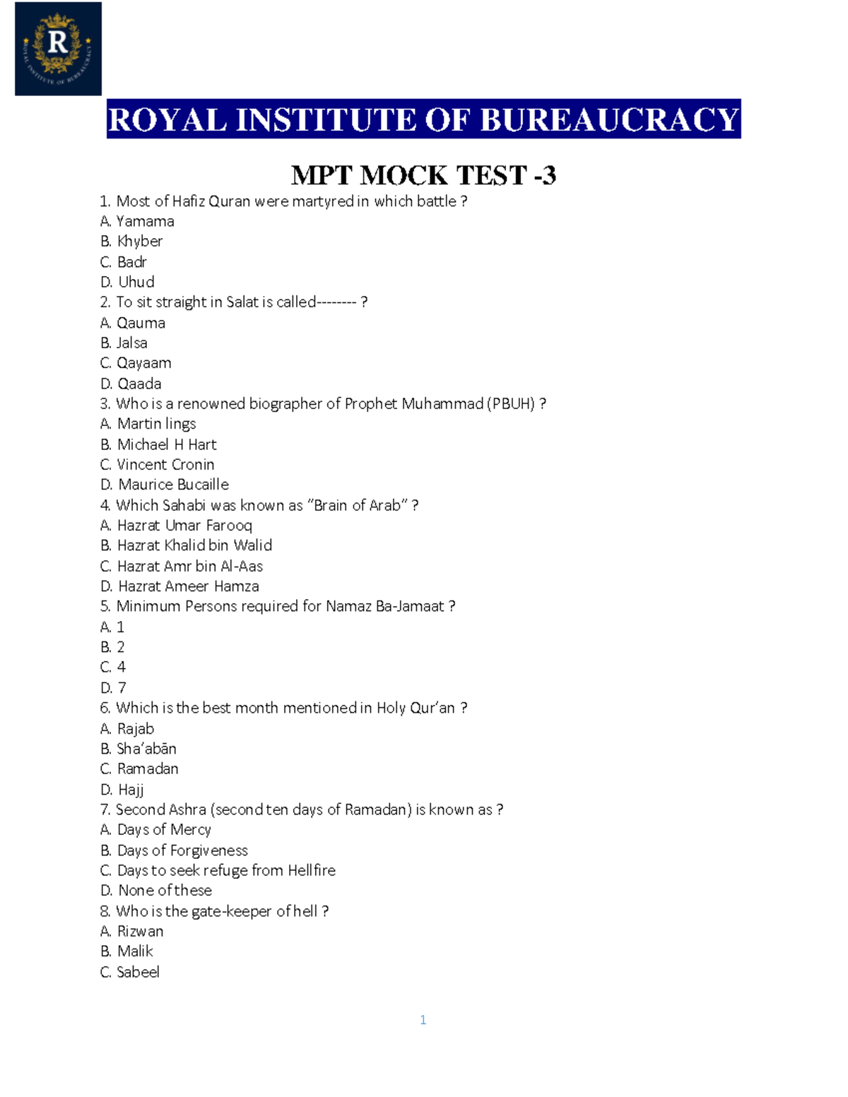 MPT MOCK TEST 3 - Juh - ROYAL INSTITUTE OF BUREAUCRACY MPT MOCK TEST ...