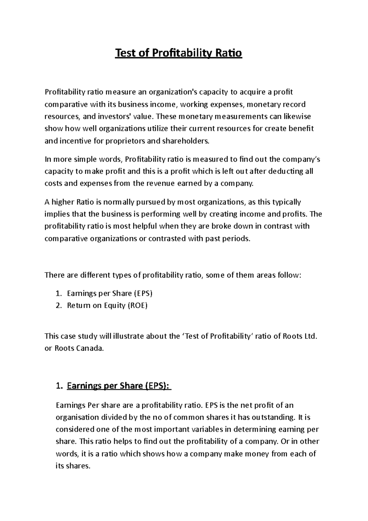 accounting profitability test ratios and their analysis - Test of ...