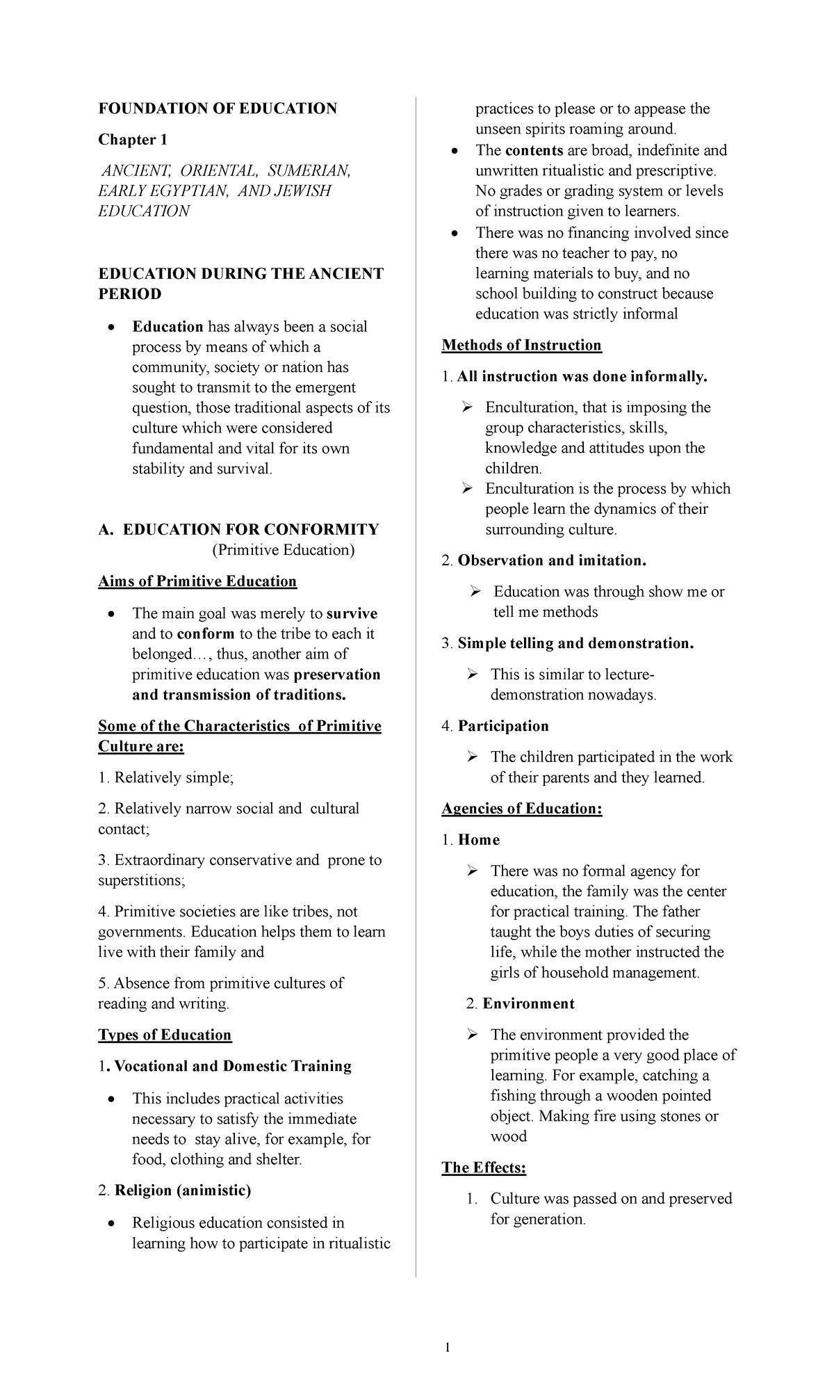Fo Ed- Prelim - FOUNDATION OF EDUCATION Chapter 1 ANCIENT, ORIENTAL ...