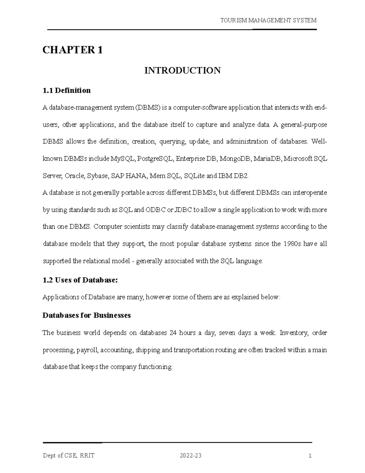 MINI PROJ Contenttt - CHAPTER 1 INTRODUCTION 1 Definition A database ...