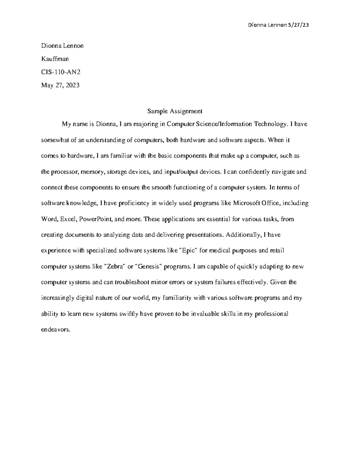 Sample Assignment - Copy-1 - Dionna Lennon 5/27/ Dionna Lennon Kauffman ...