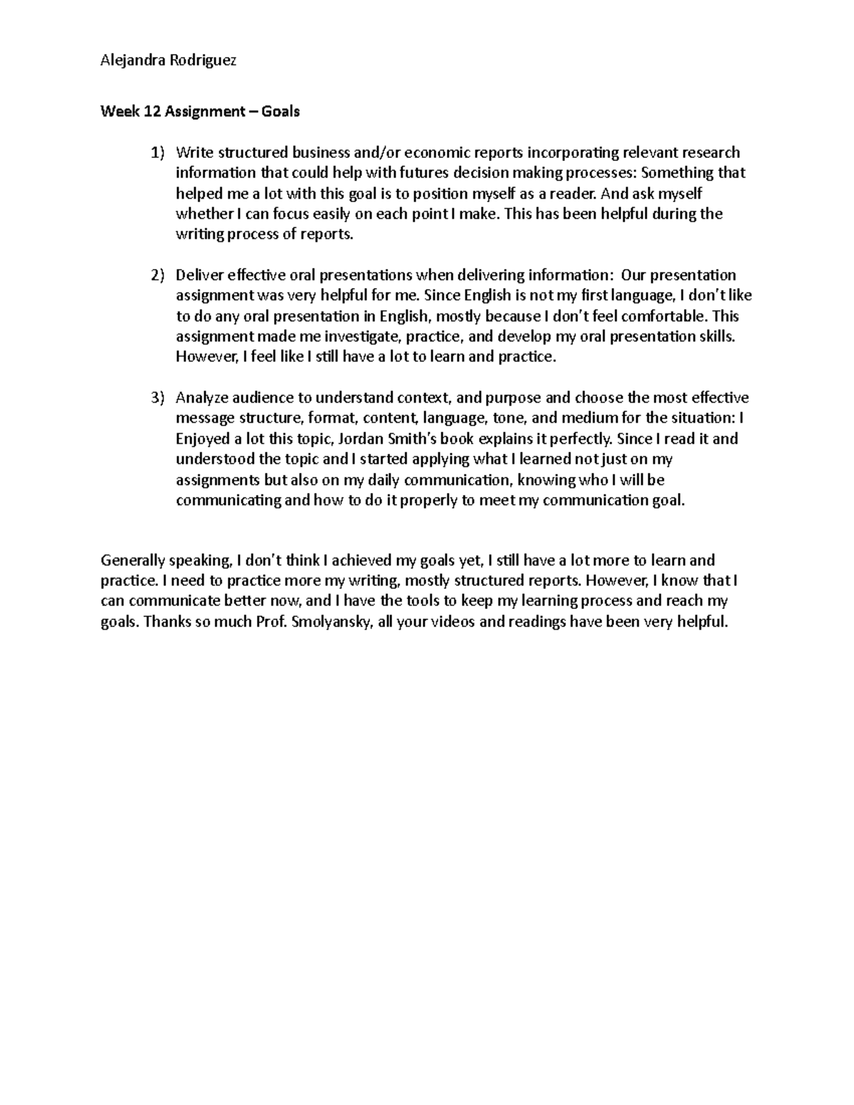 Week 12 Assignment - Alejandra Rodriguez Week 12 Assignment – Goals Write structured business ...