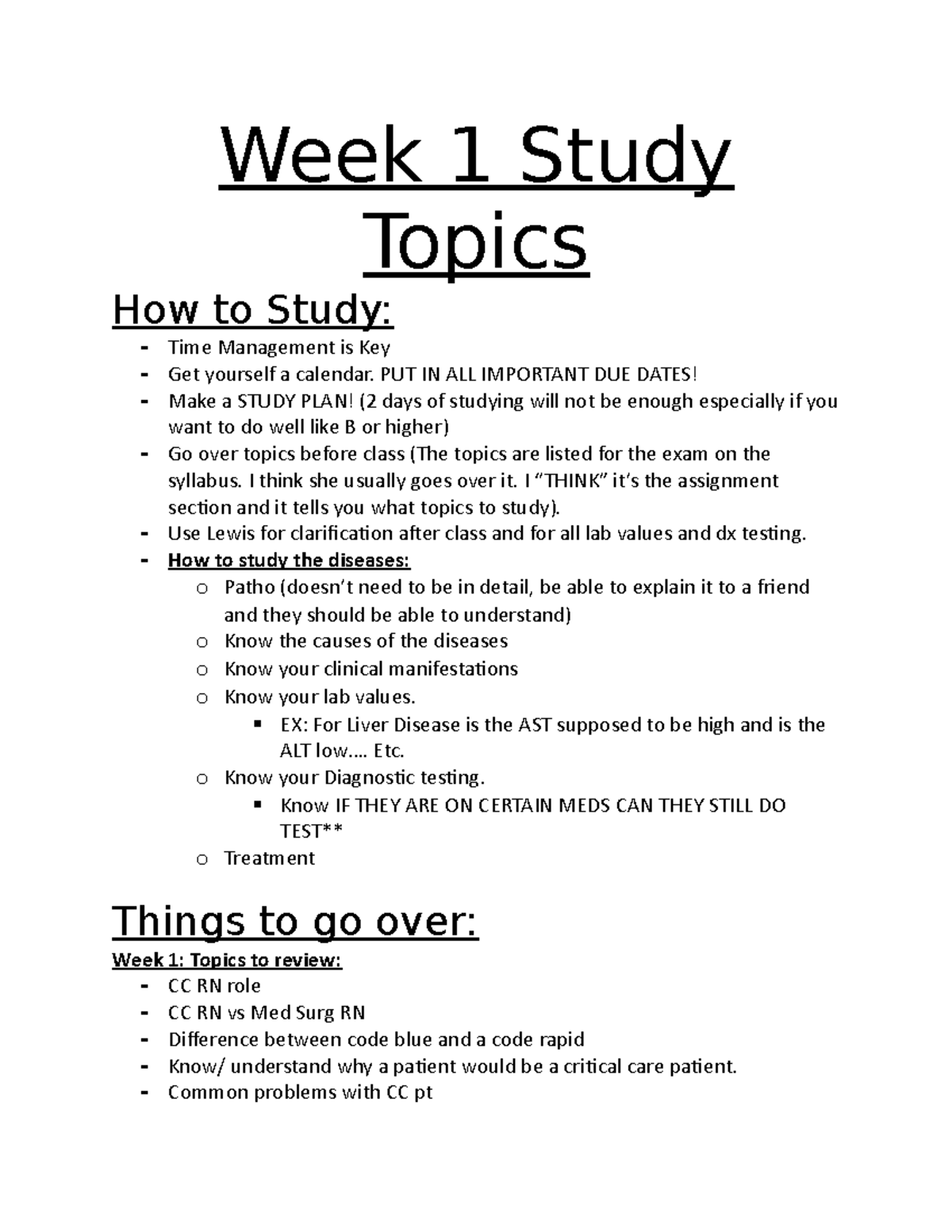 Week 1 Study Topics Notes Week 1 Study Topics How To Study Time 
