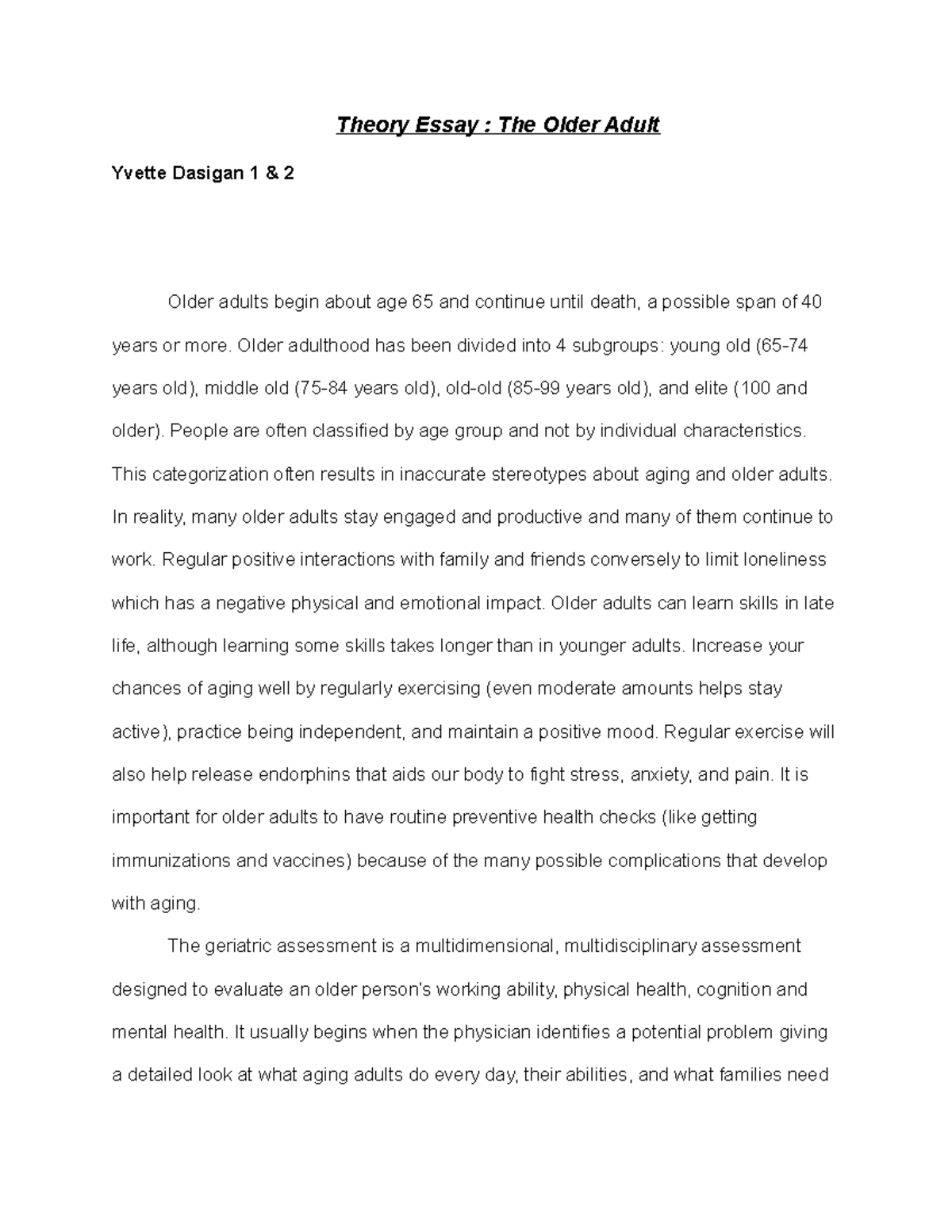 Theory Essay - Older Adult - Theory Essay : The Older Adult Yvette ...