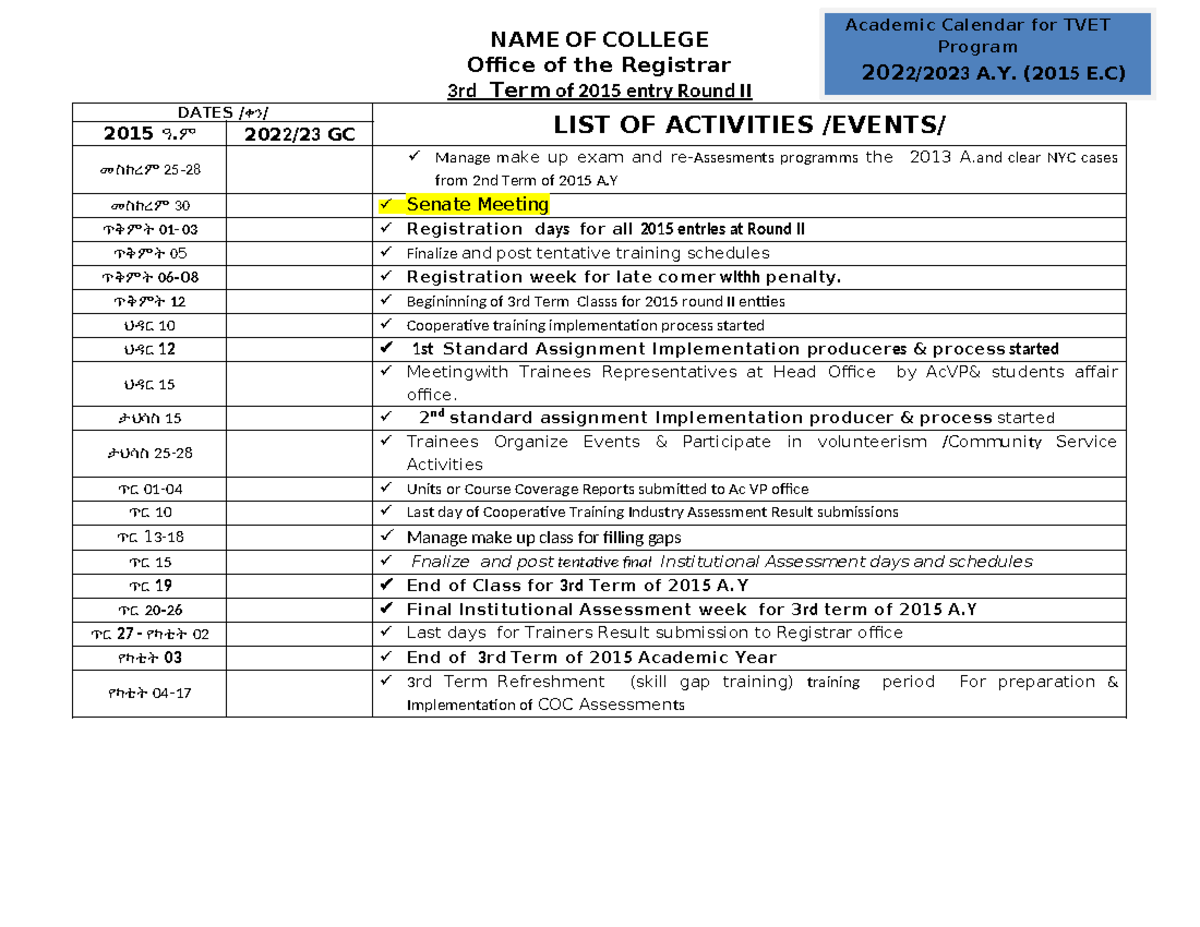 2015 A.Y Term 3 Acadamic Calendar for 2015 entry - NAME OF COLLEGE ...