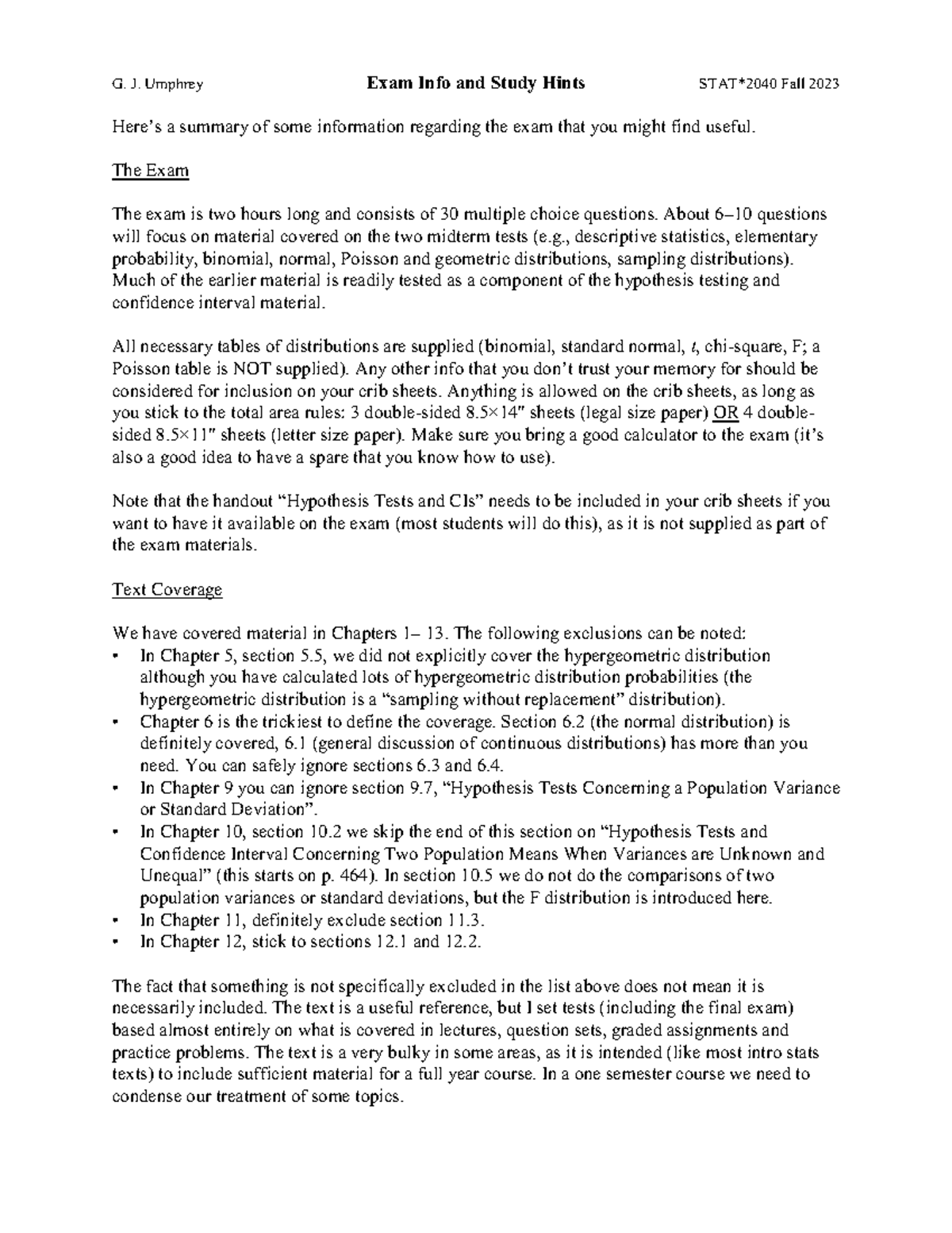Exam info and study hints 2023 - G. J. Umphrey Exam Info and Study ...