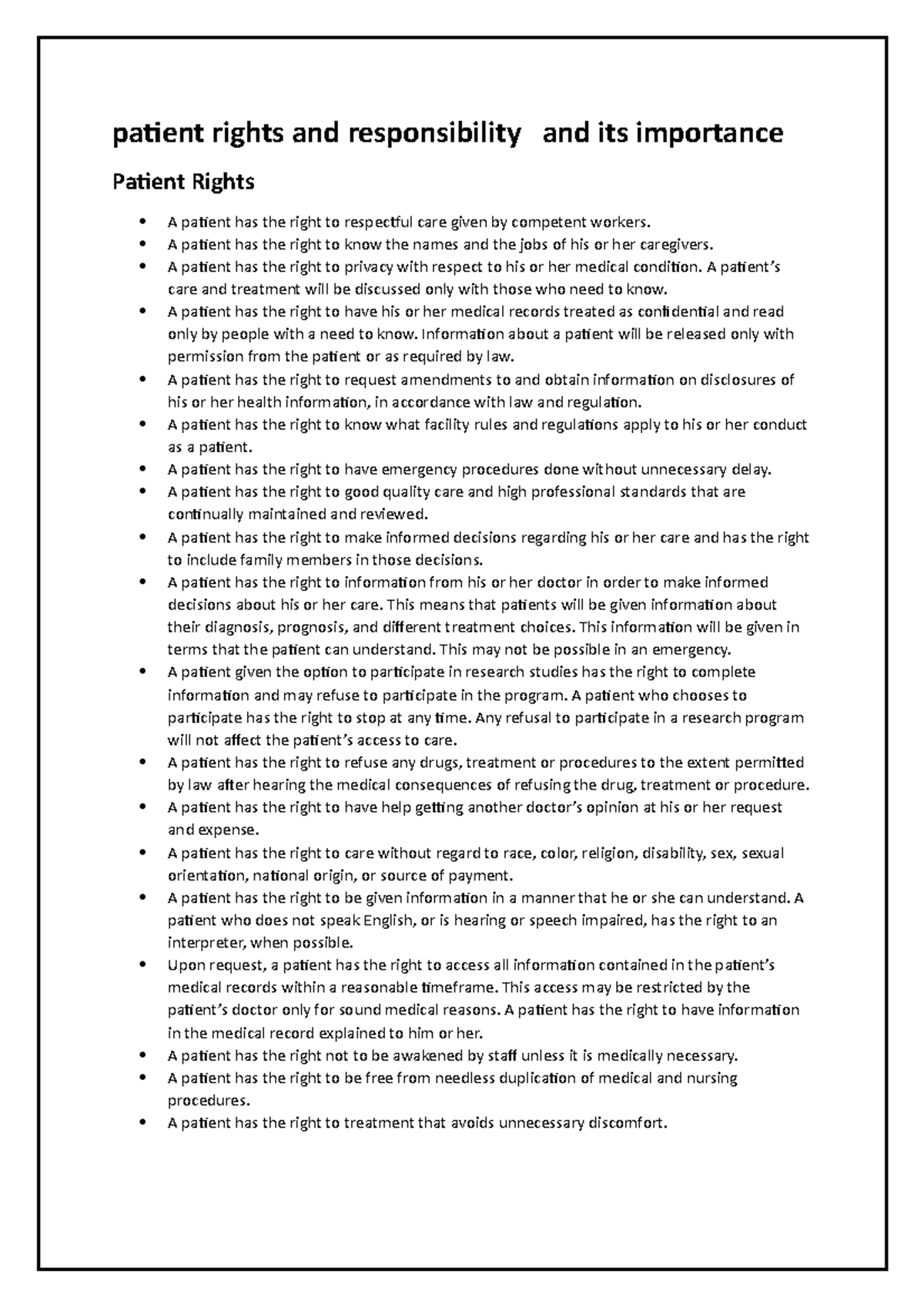 Patient rights and responsibility and its importance - A patient has ...