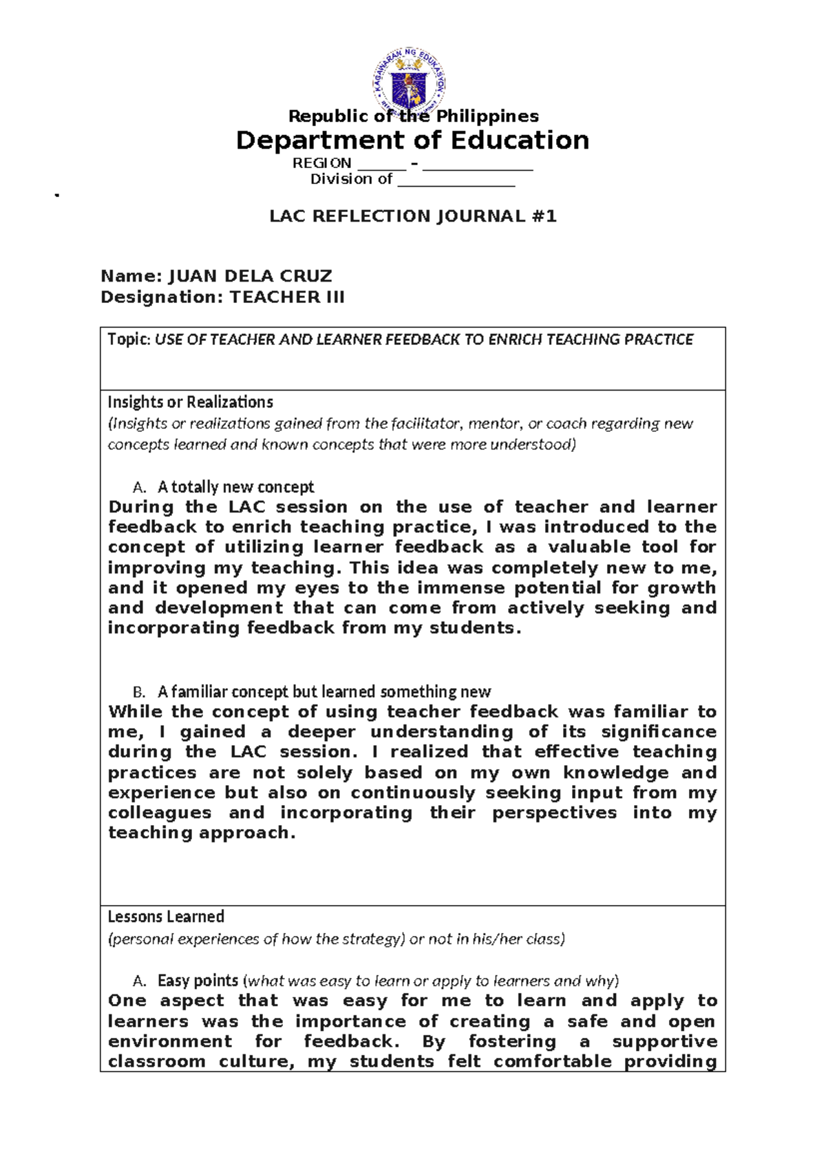 Reflection Journal Sample- Objective 8 - Department of Education REGION