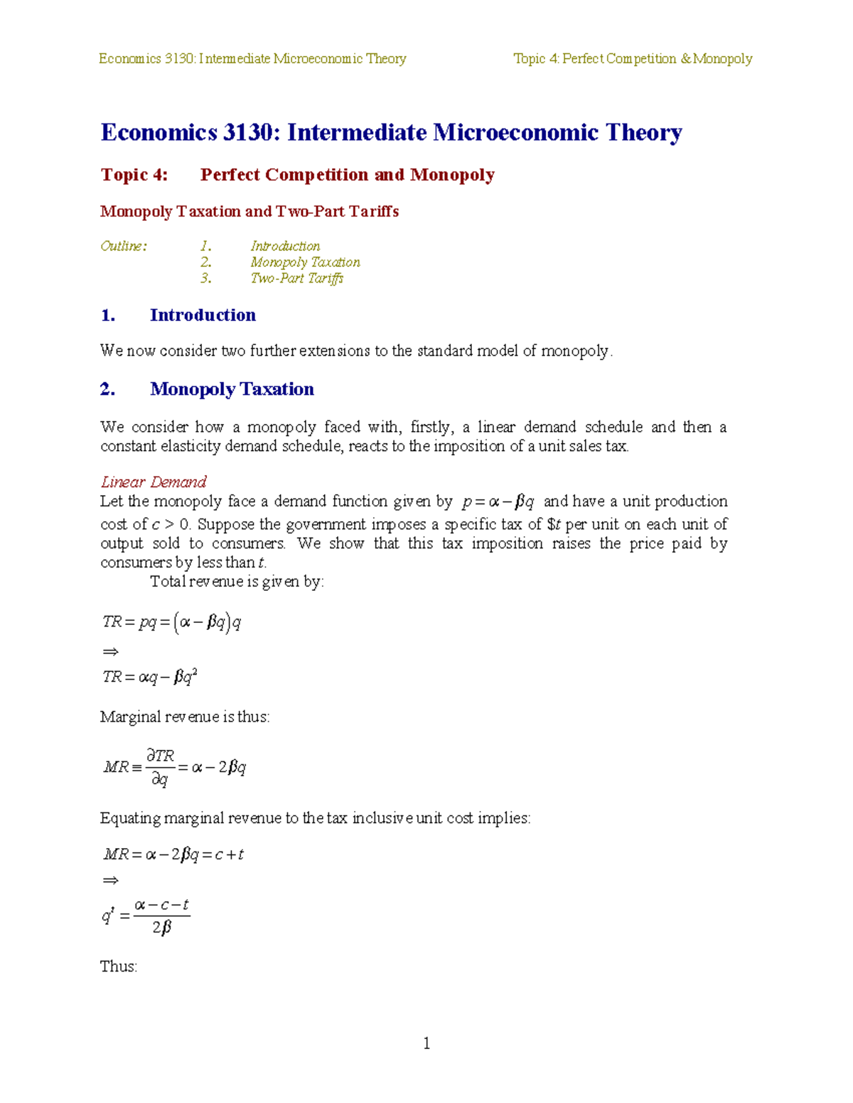 Monopoly Taxation and Tarrifs - Economics 3130: Intermediate Microeconomic Theory Topic 4 ...