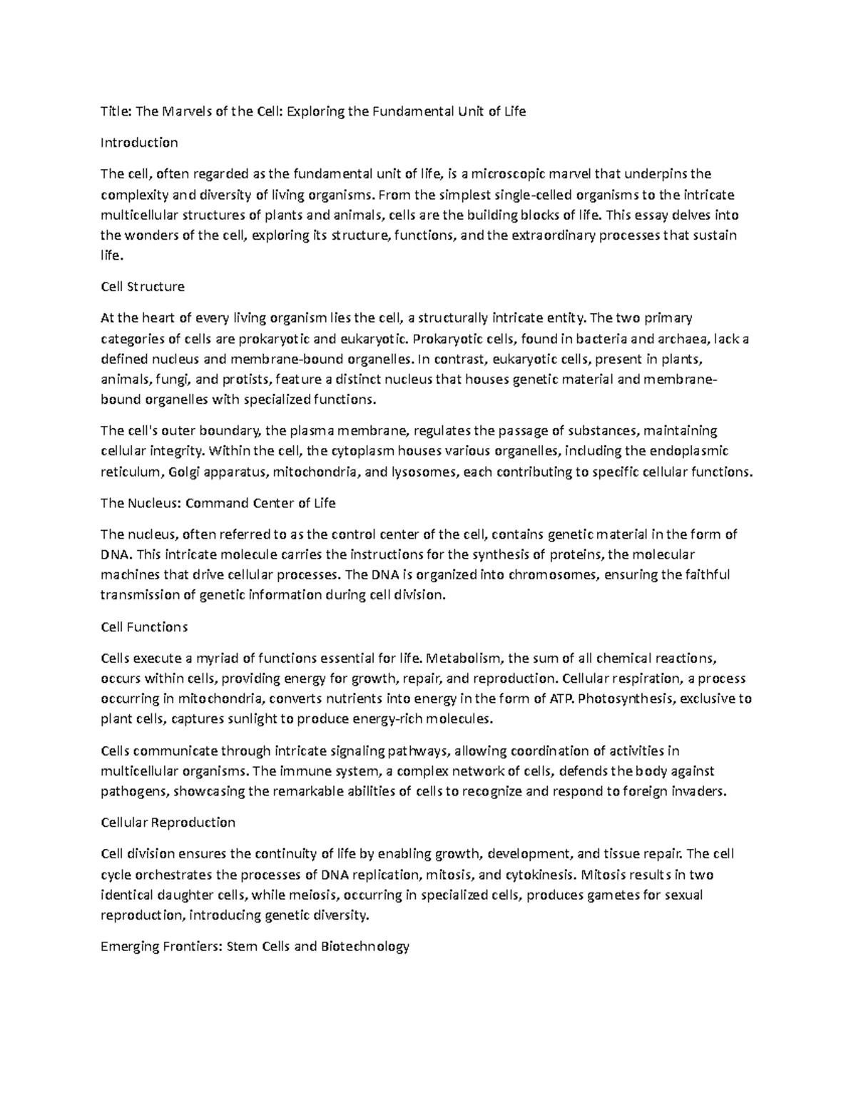 INFO5678 - Wonders of Cell - Title: The Marvels of the Cell: Exploring ...