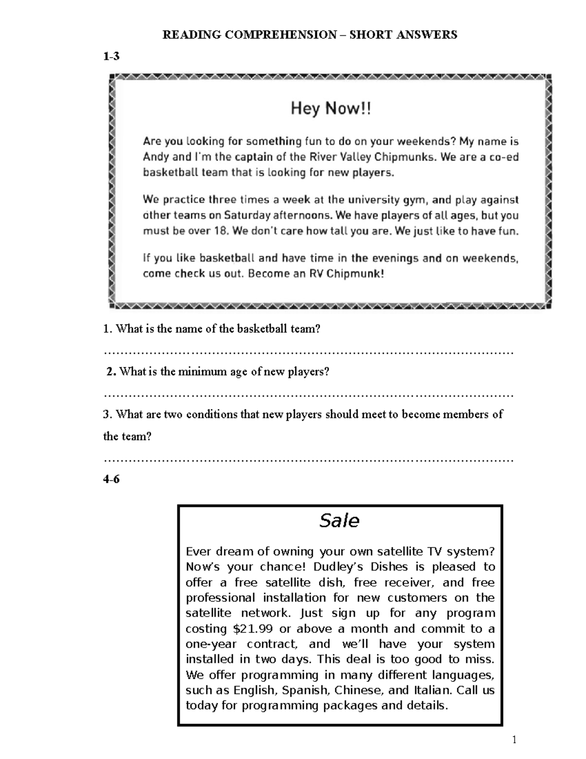 Reading Comprehension - READING COMPREHENSION – SHORT ANSWERS 1- 1 ...