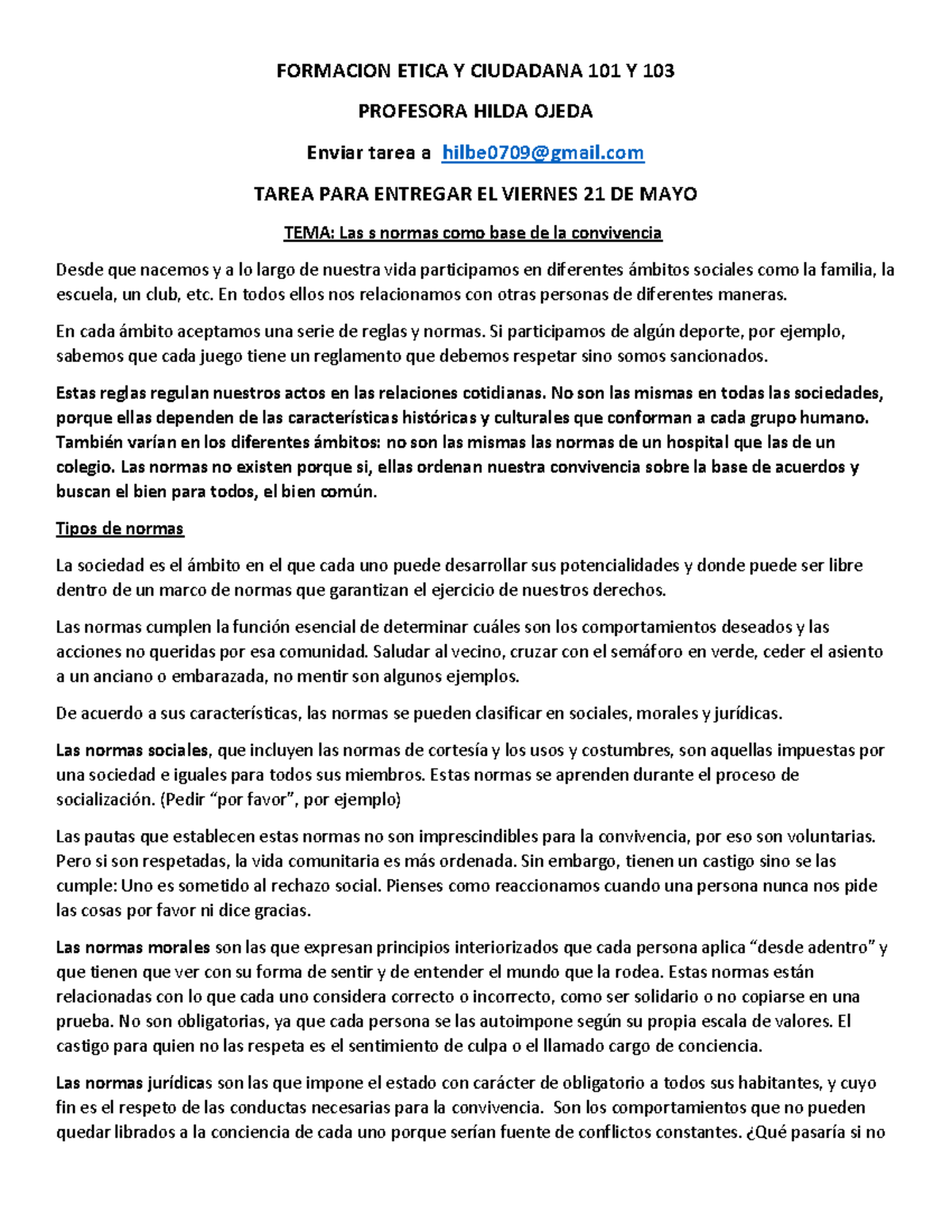 FEC 101 Y 103 7hr - clasificacion normas - FORMACION ETICA Y CIUDADANA 101 Y 103 PROFESORA HILDA ...