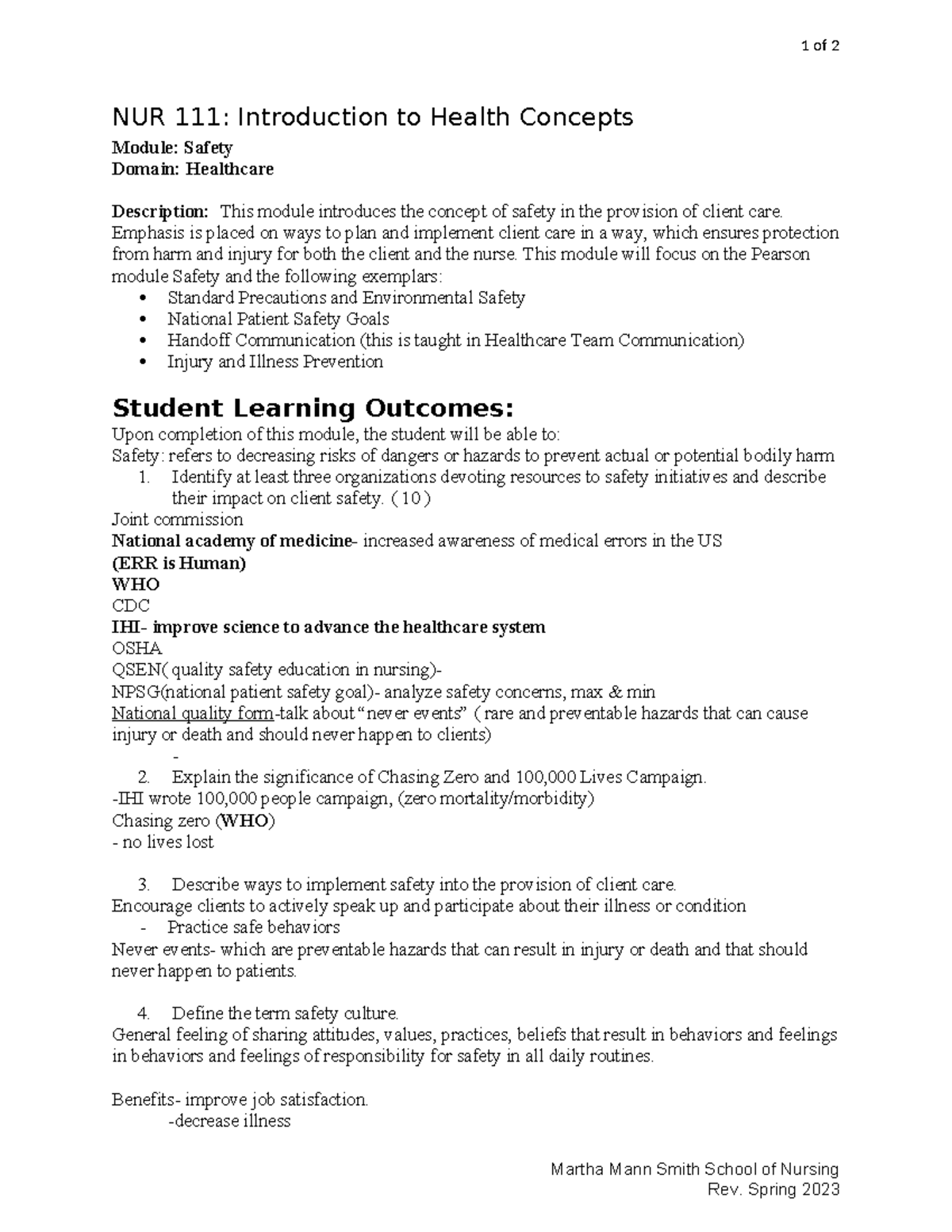 Safety SLO - Study material in class - NUR 111: Introduction to Health ...