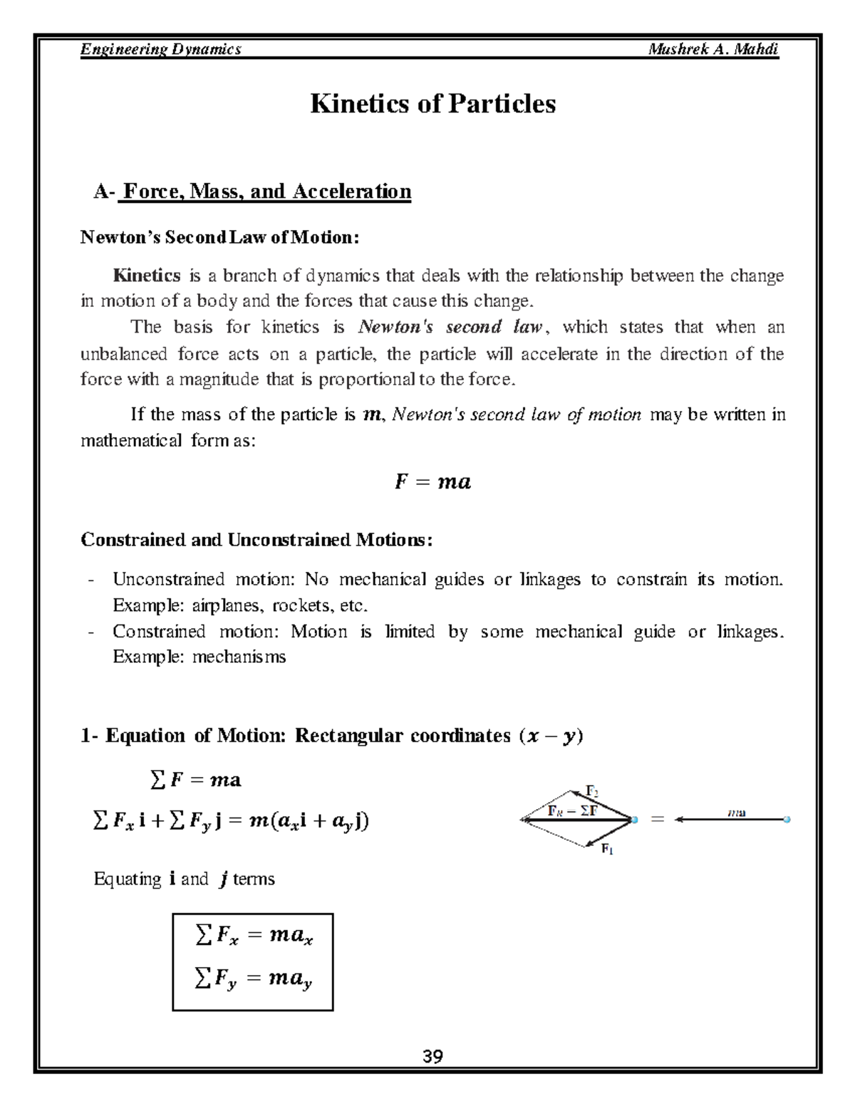 Dynamic chapter 3 - study - Kinetics of Particles A- Force, Mass, and ...