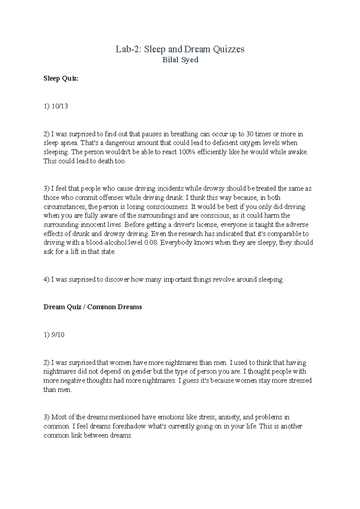 Lab 2 Sleep and Dream Quizzes Bilal Syed - Lab-2: Sleep and Dream ...