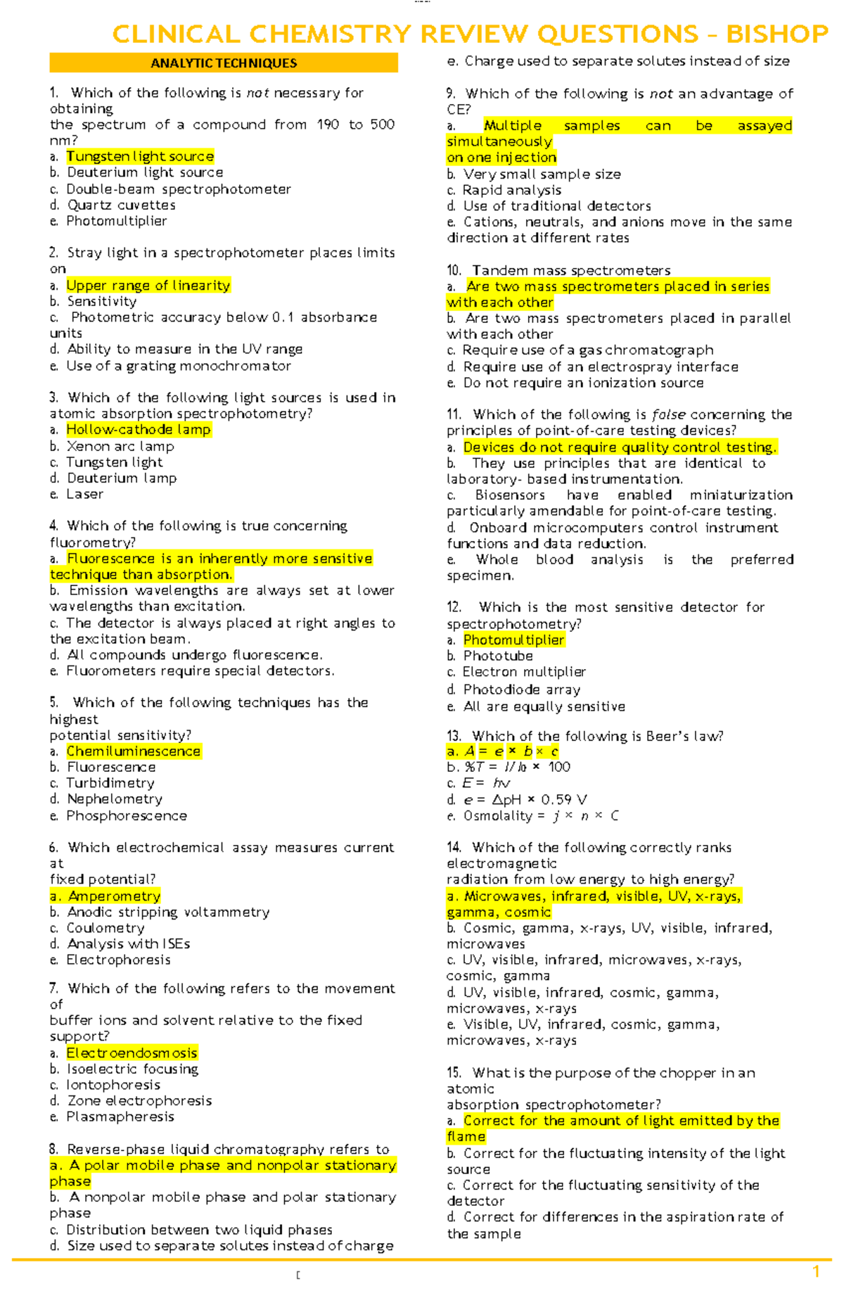 Cc key - CLINICAL CHEMISTRY REVIEW QUESTIONS – BISHOP × ANALYTIC ...