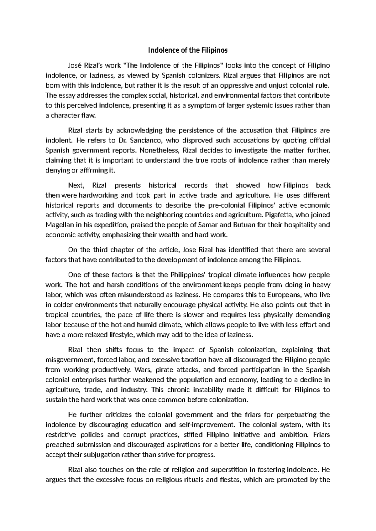 Indolence of the Filipino - narrative report - Indolence of the ...