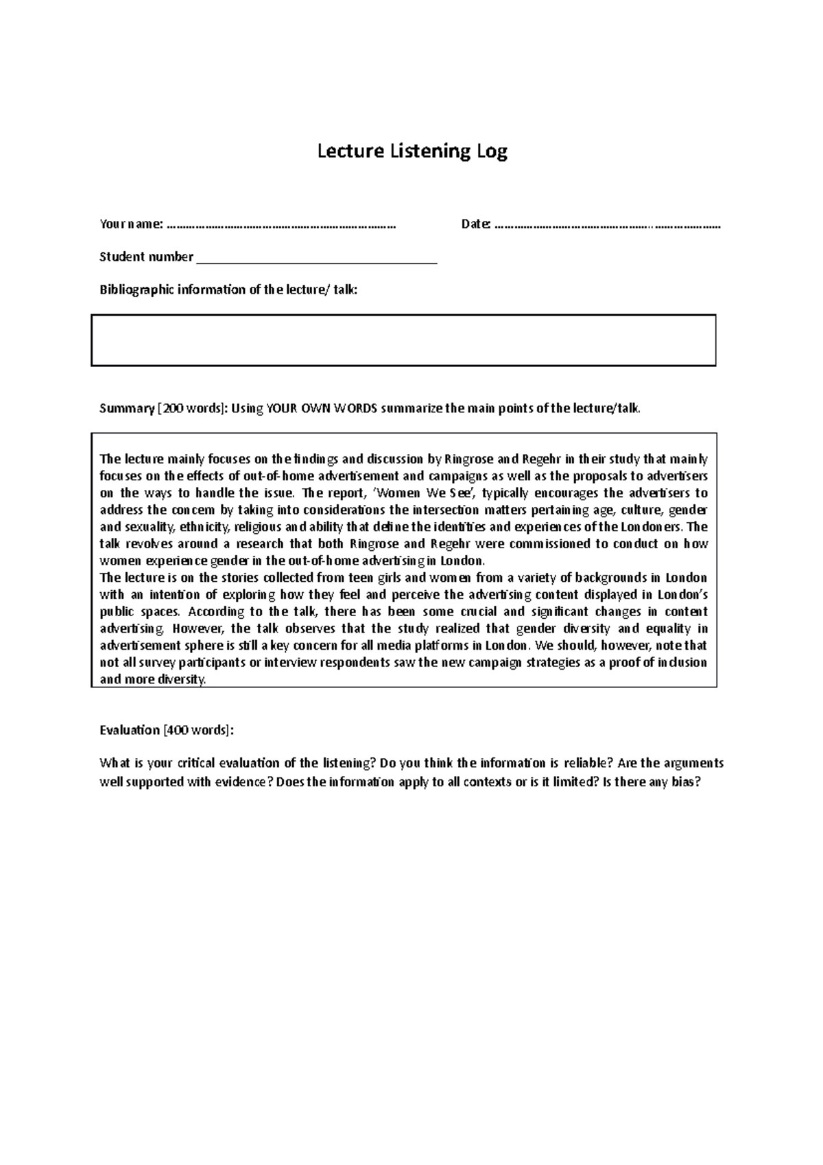 Principles of EAP Listening Log Template 2021(1) - Lecture Listening ...