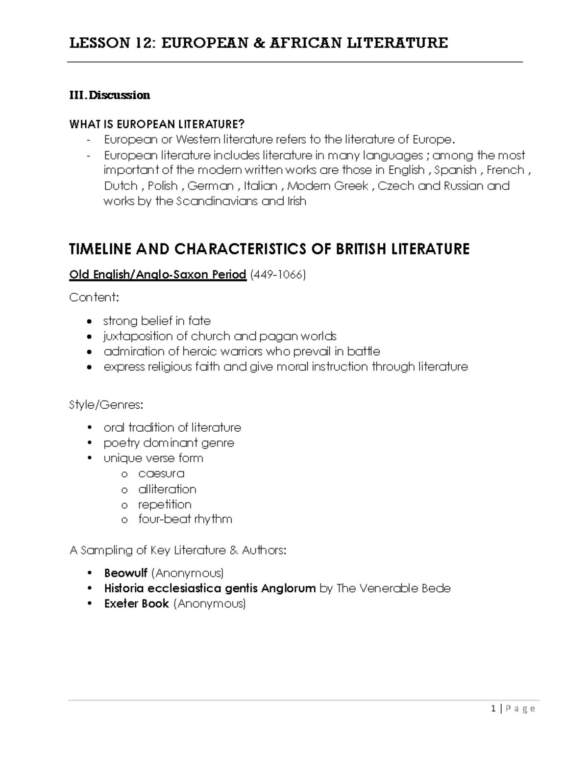 European and African Literature - LESSON 12: EUROPEAN & AFRICAN ...