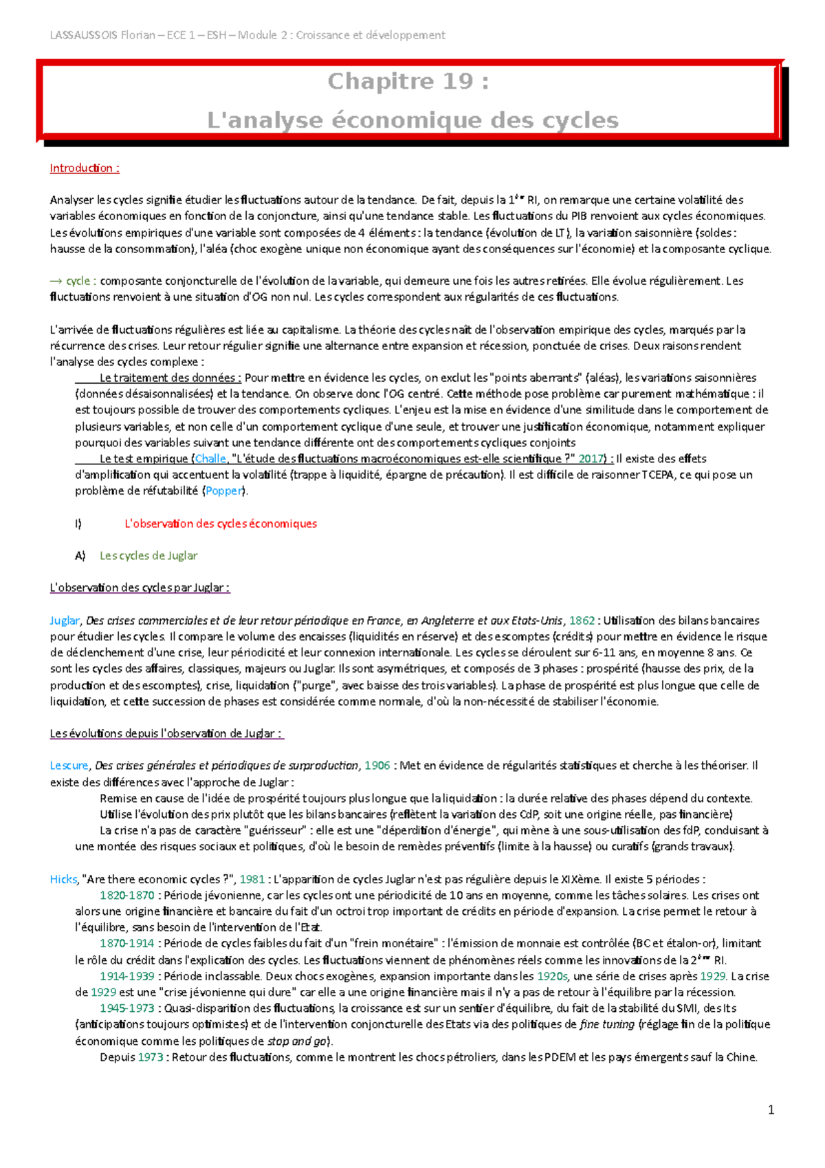 ESH - Chapitre 19 - L'analyse économique des cycles - Chapitre 19 : L ...