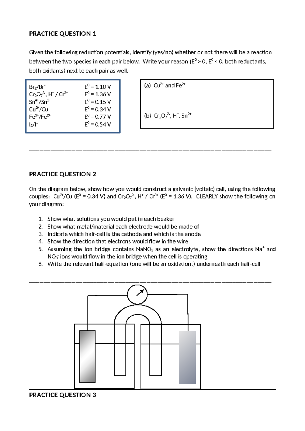 Exp 3 - Galvanic Cells - Phys 3 Practice Qs Blank - PRACTICE QUESTION 1 ...