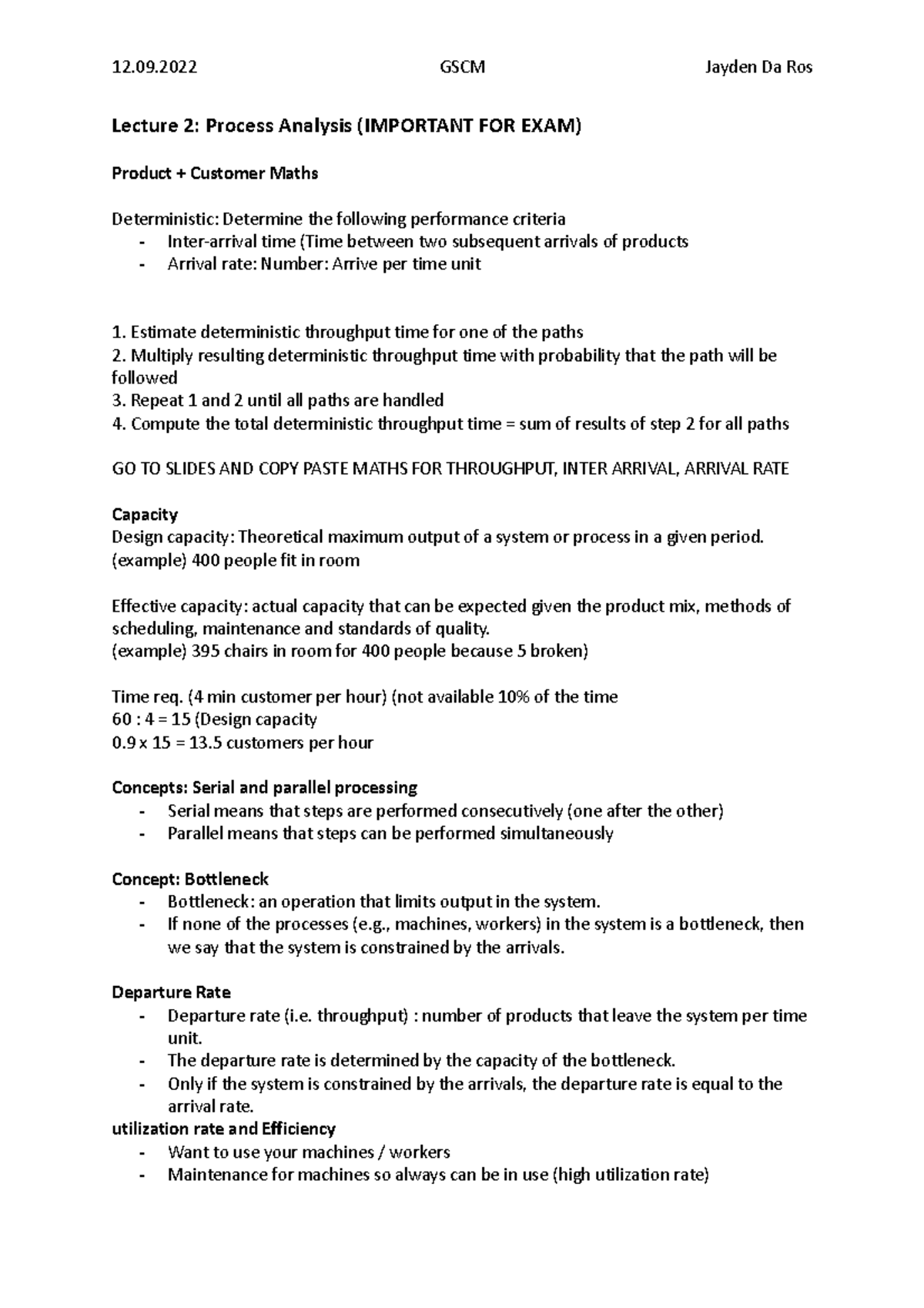 Lecture 2 GSCM - 12.09 GSCM Jayden Da Ros Lecture 2: Process Analysis (IMPORTANT FOR EXAM ...