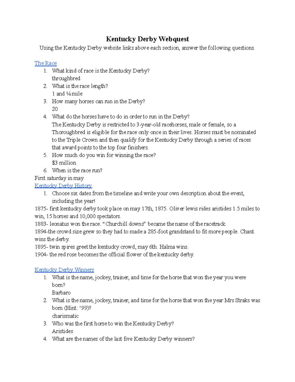 Kentucky Derby Webquest - Kentucky Derby Webquest Using the Kentucky ...