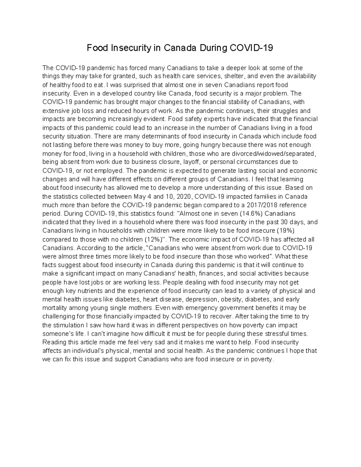 Food Insecurity in Canada During Covid-19 - Food Insecurity in Canada ...