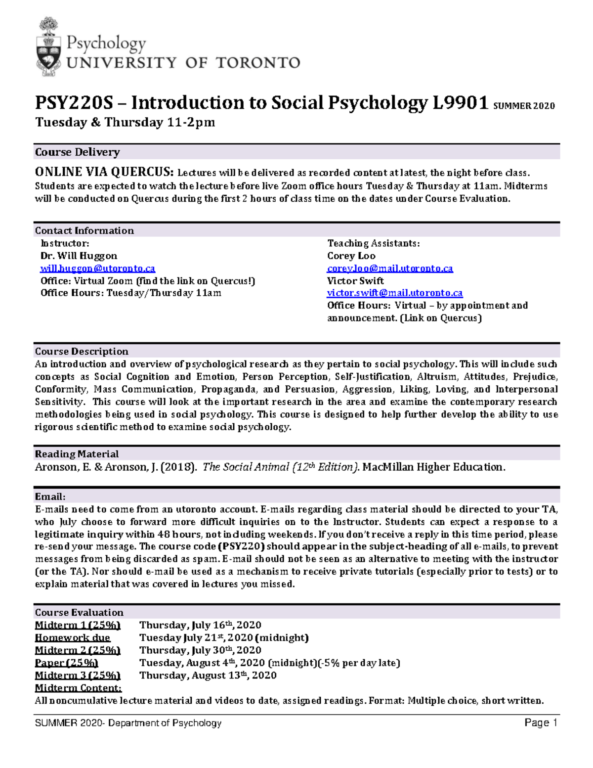 PSY220 syllabus L0101 summer ii 2020 - PSY220S – Introduction to Social Psychology L9901 SUMMER ...
