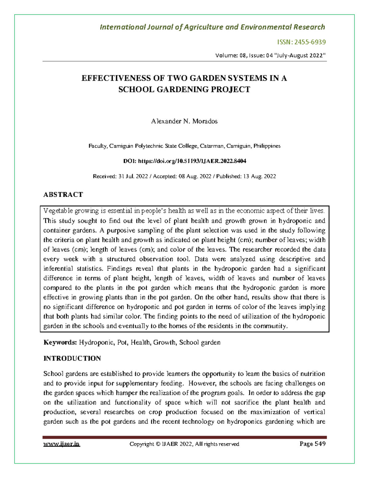Effectiveness of Two Garden Systems in a - ISSN: 2455- Volume: 08 ...