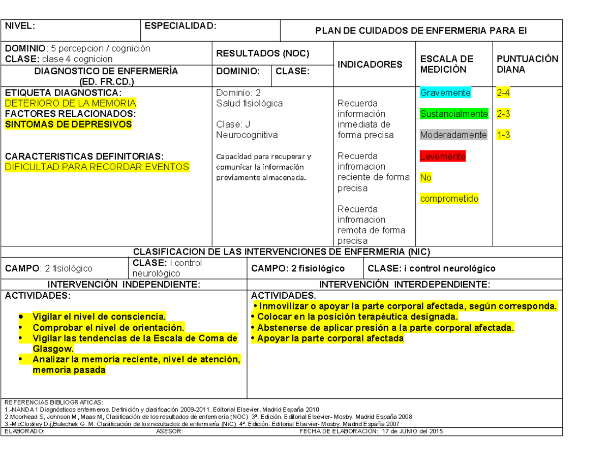 Formato DE Place ejemplo - NIVEL: ESPECIALIDAD: PLAN DE CUIDADOS DE ...